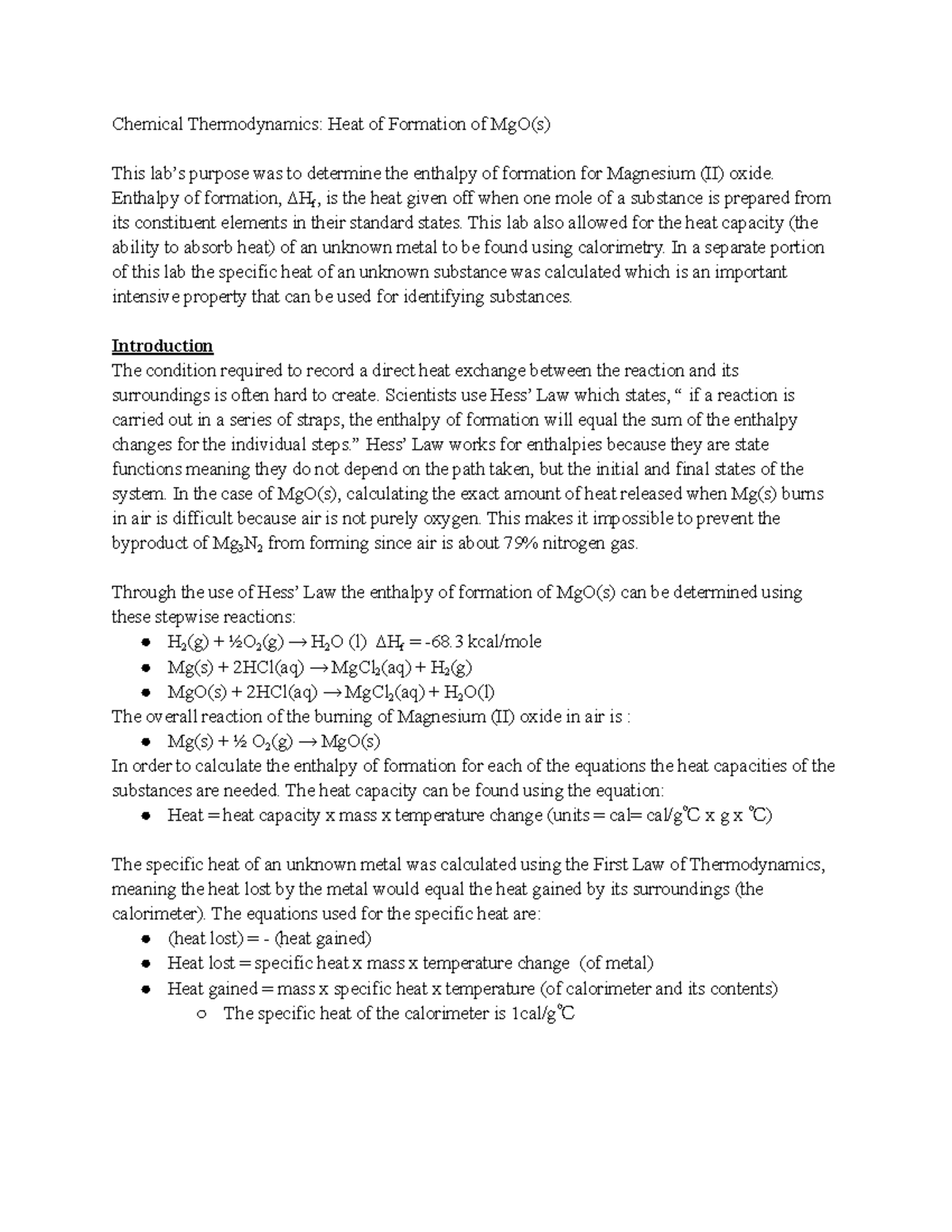 Chemical Thermodynamics Heat of Formation of MGO(s) Report Robertson ...
