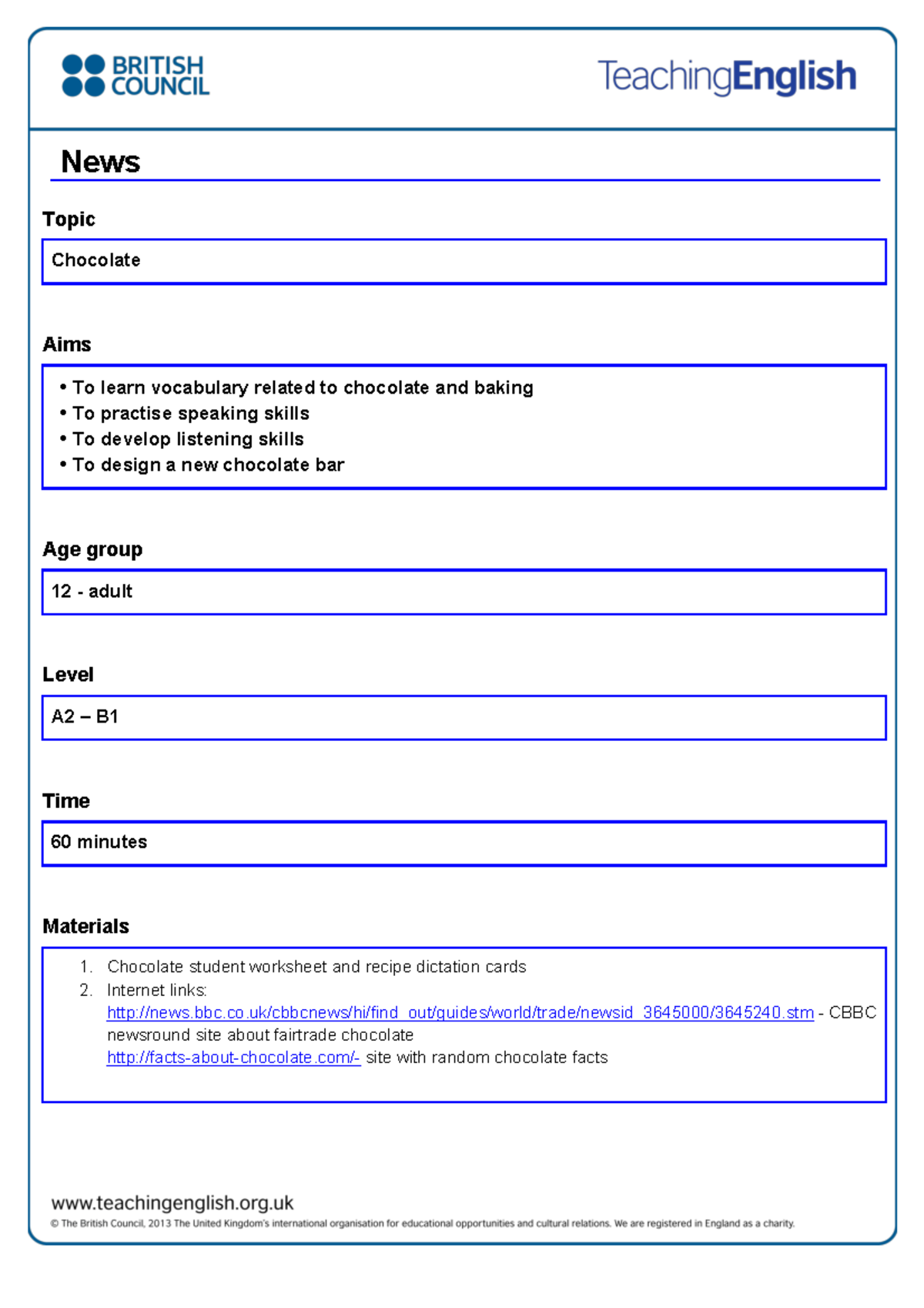 Chocolate lesson plan - Teste de leitura - News Topic Chocolate Aims ...