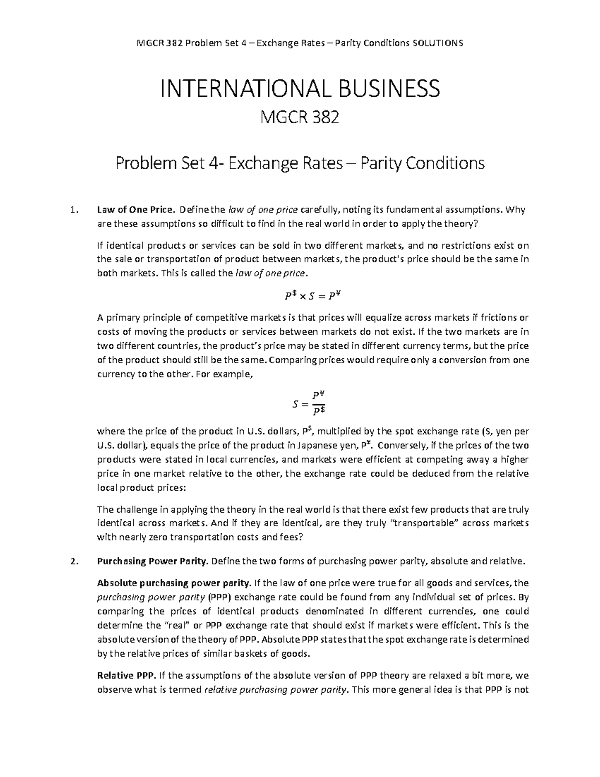 Problem Set 4 Exchange Rates Parity Conditions Solutions ...