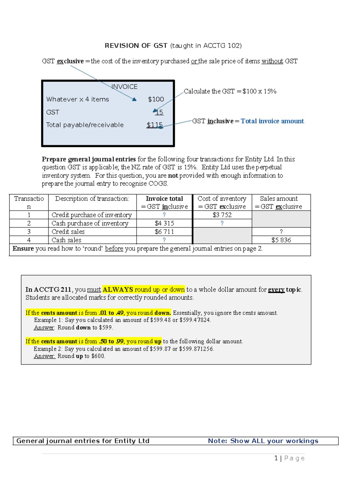 GST Revision - REVISION OF GST (taught in ACCTG 102) GST exclusive ...