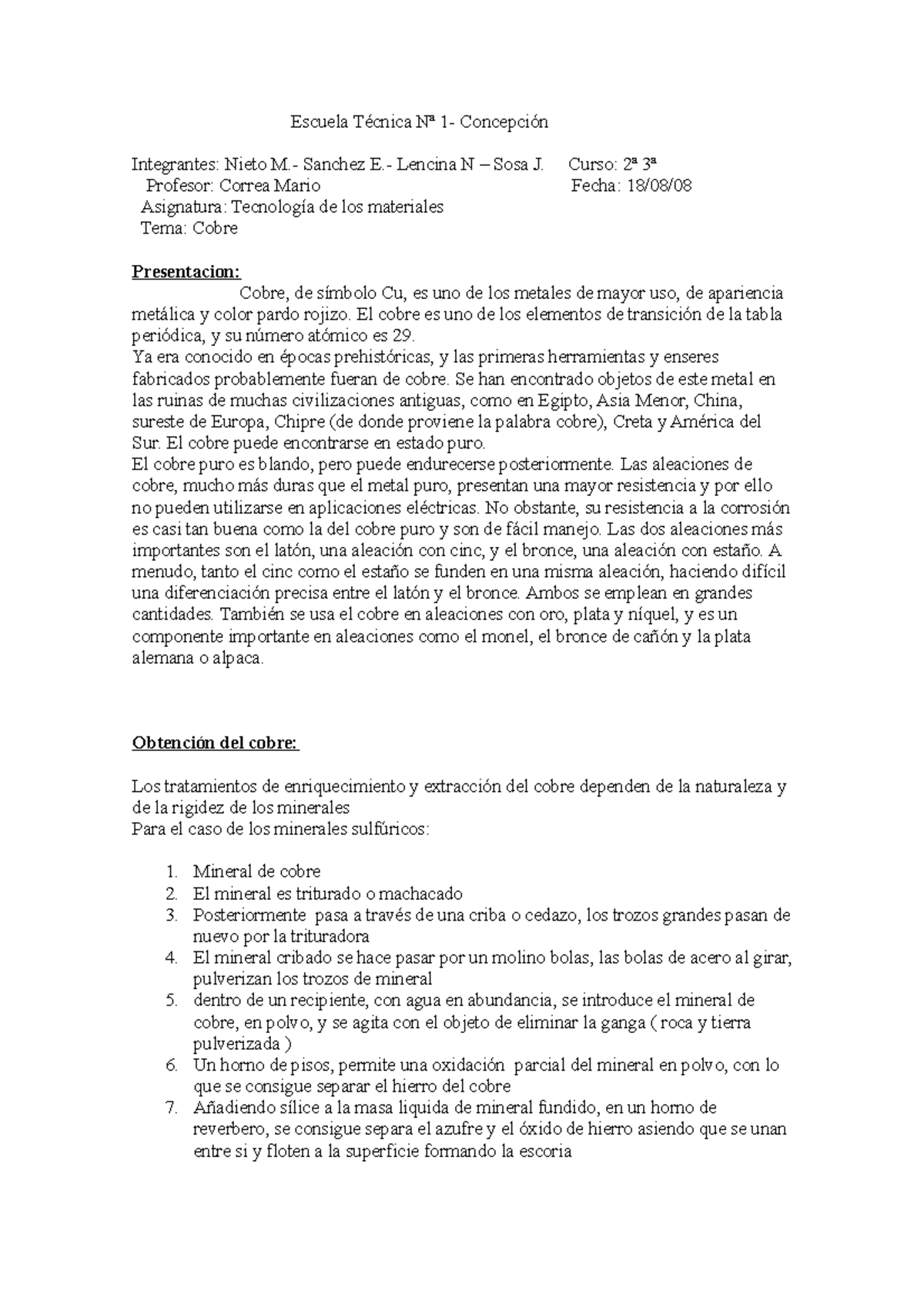 Cobre - dghdgh - Escuela Técnica Nª 1- Concepción Integrantes: Nieto M ...
