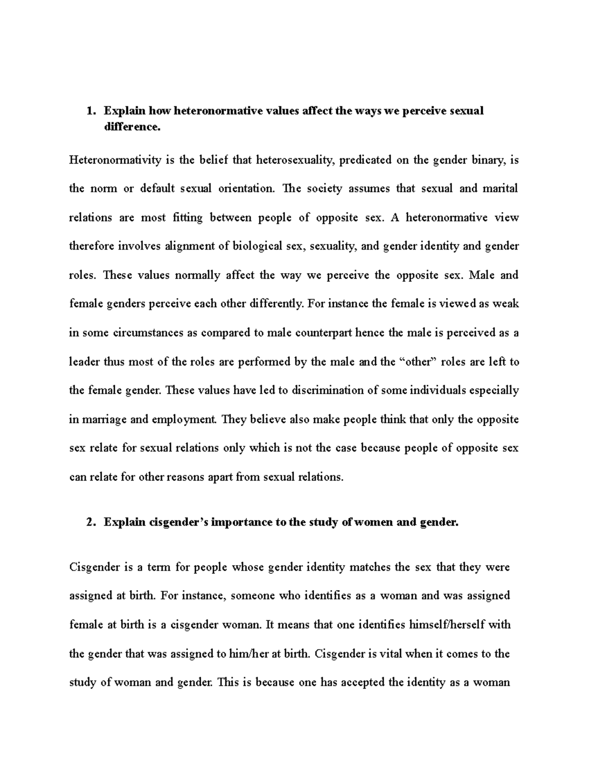 Gender studies Final - Essay - 1. Explain how heteronormative values ...
