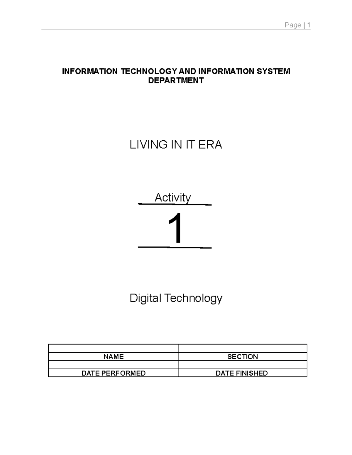 Activity 1 Living in IT Era - Page | 1 INFORMATION TECHNOLOGY AND ...