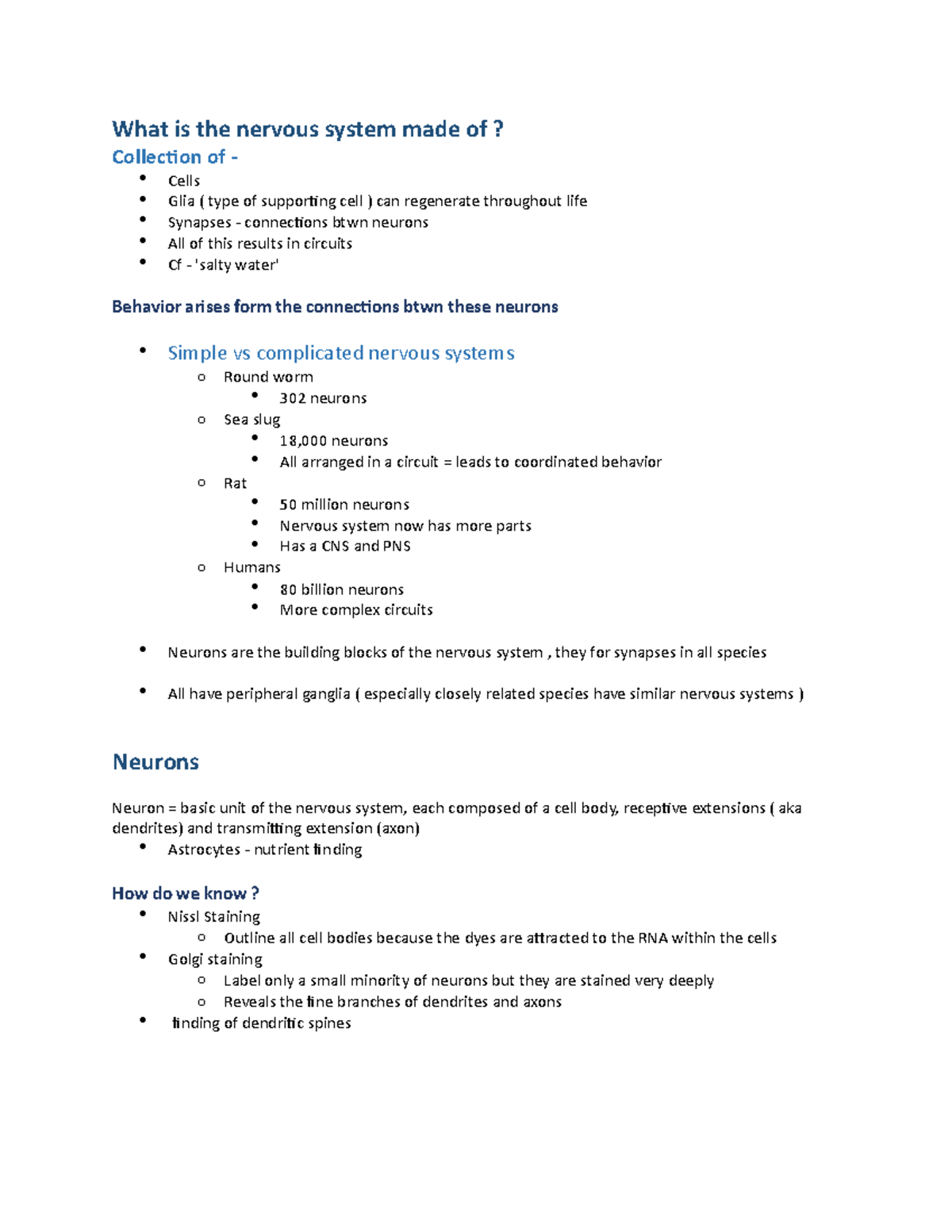 Neuro lecture 1 - notes from class - What is the nervous system made of ...