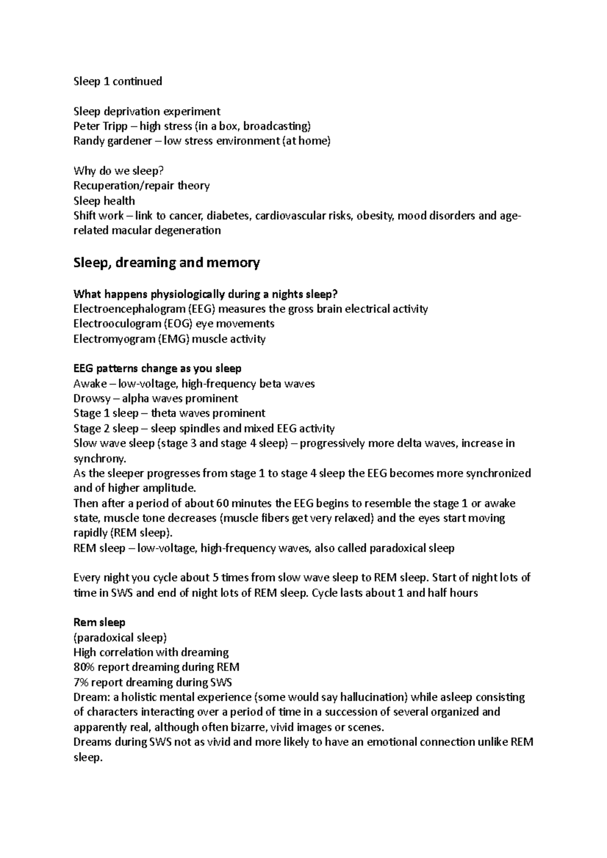 Sleep, dreaming and memory - Sleep 1 continued Sleep deprivation ...