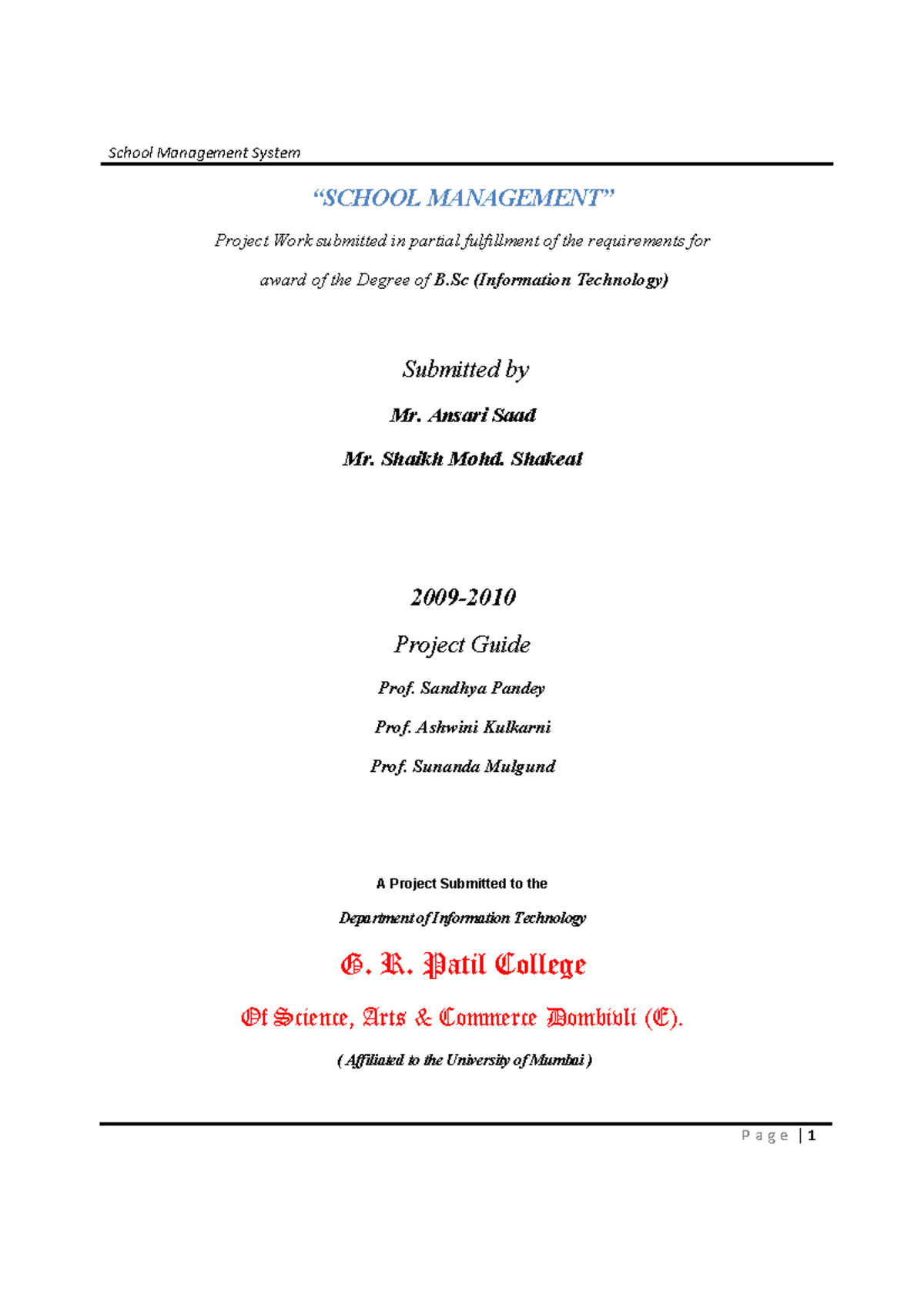 Scribd - “SCHOOL MANAGEMENT” Project Work submitted in partial fulfillment of the requirements ...