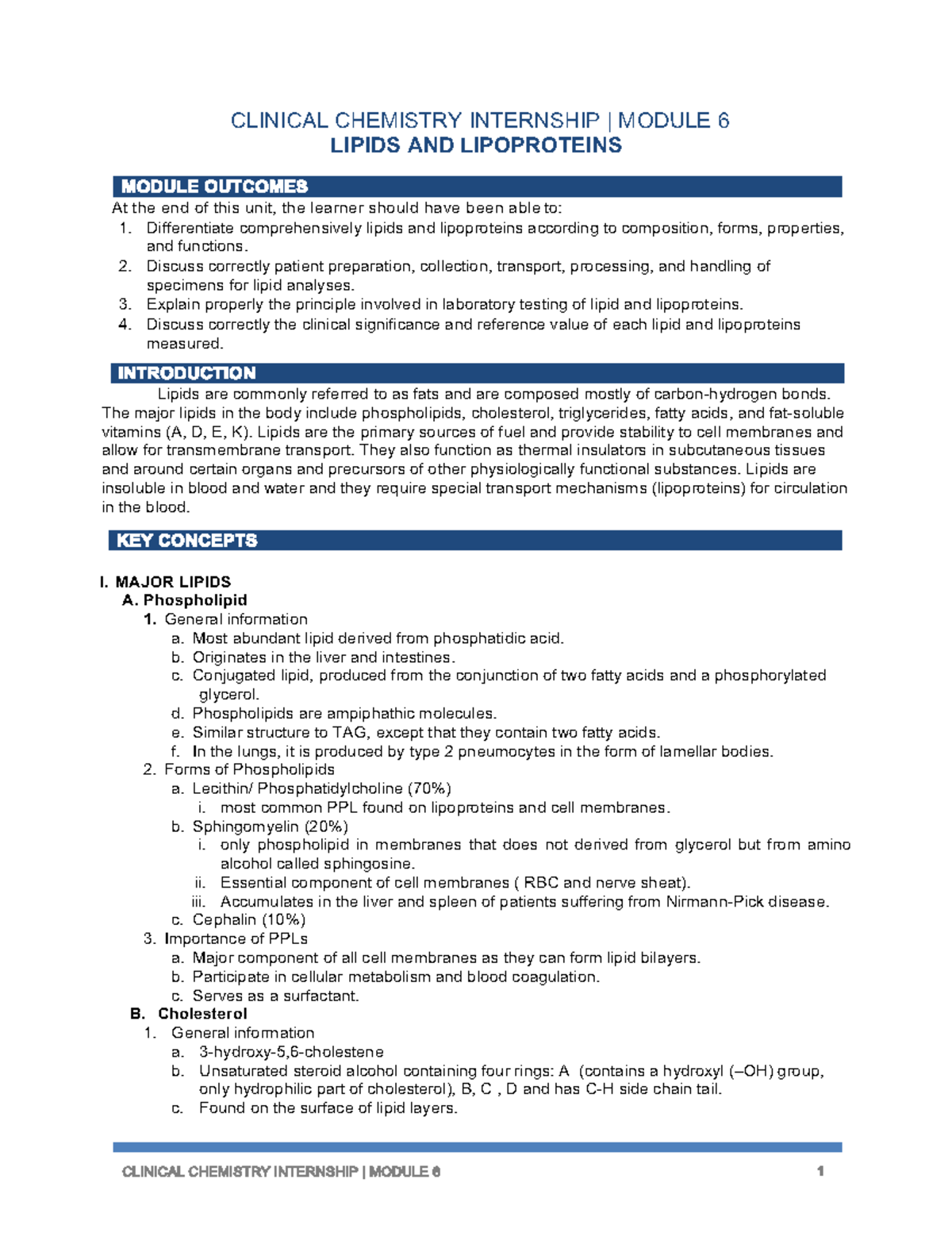 Module 6 Key Concepts - CLINICAL CHEMISTRY INTERNSHIP | MODULE 6 LIPIDS ...