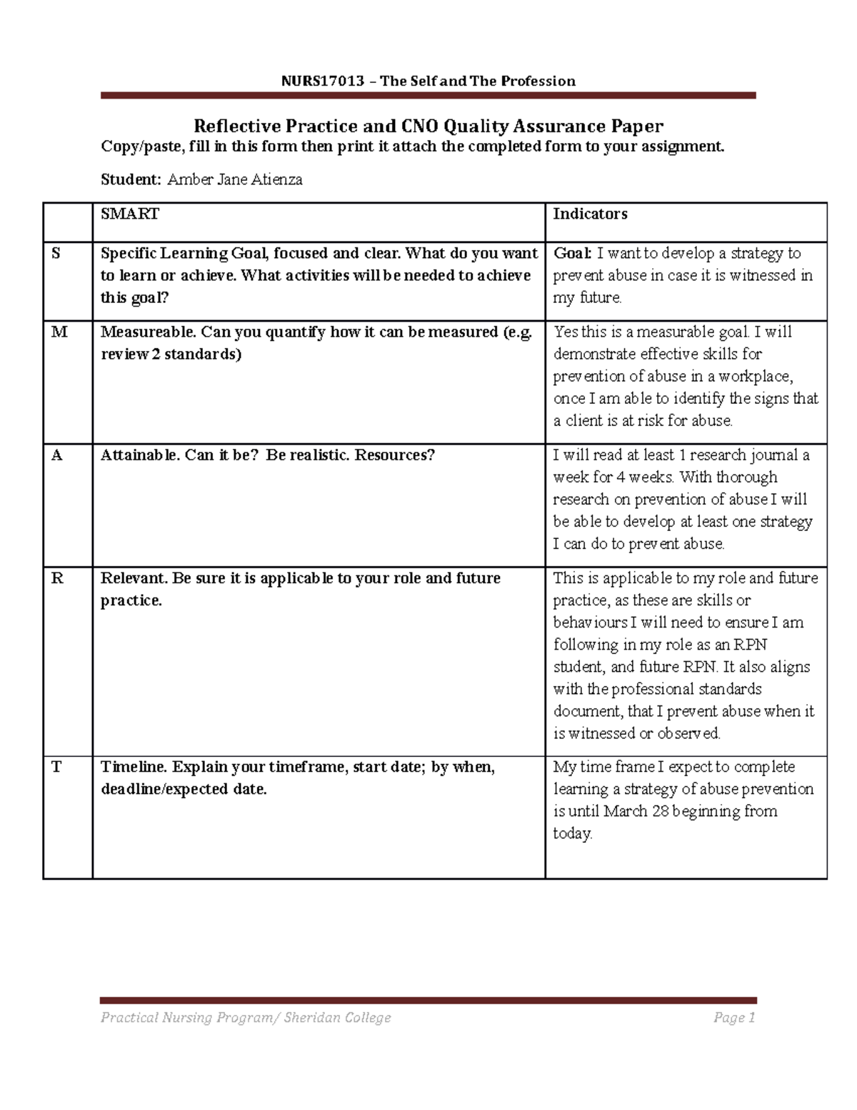 Smart Goal - NURS17013 – The Self and The Profession Reflective ...