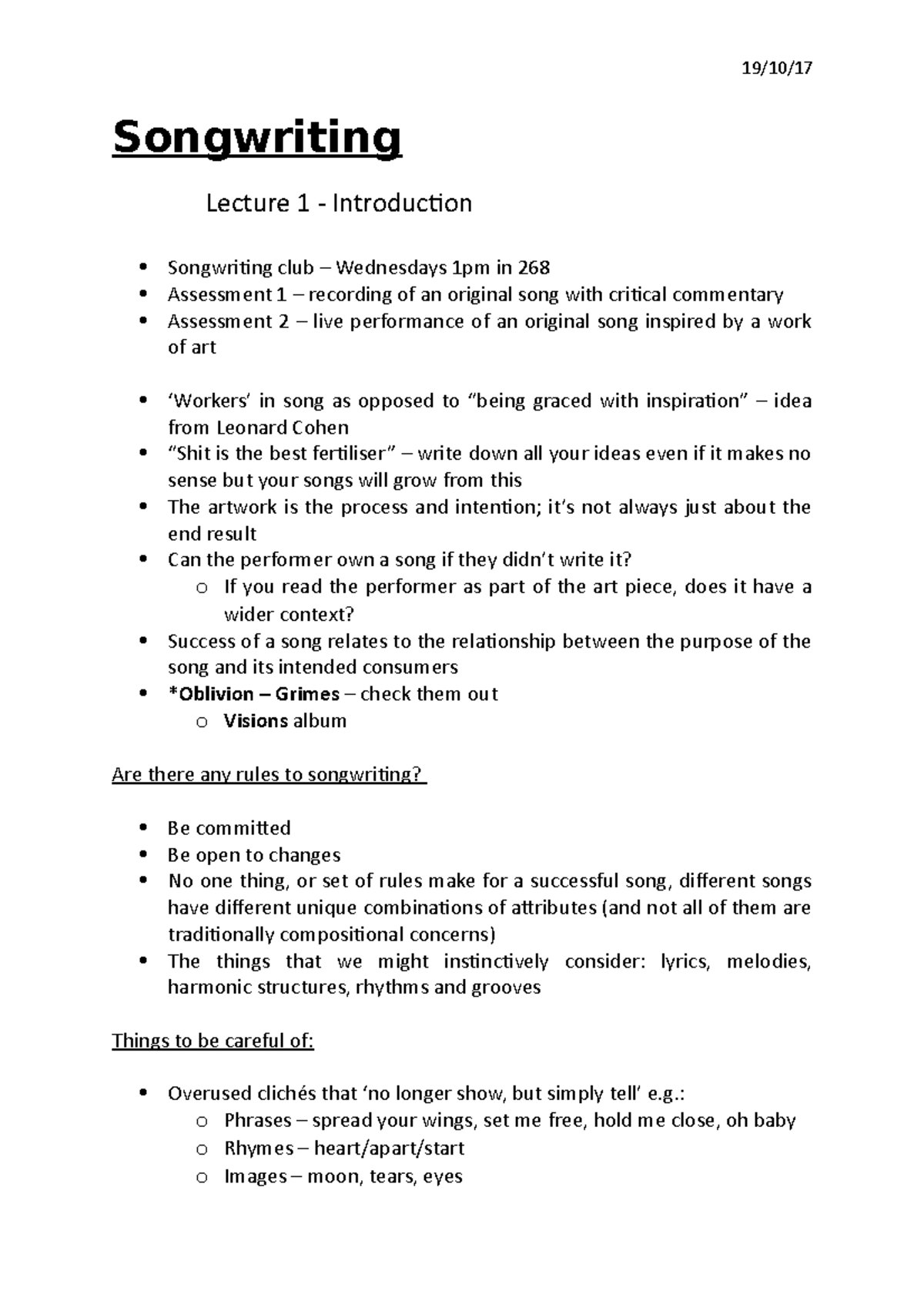 Lecture 1 - Introduction - 19/10/ Songwriting Lecture 1 - Introduction ...