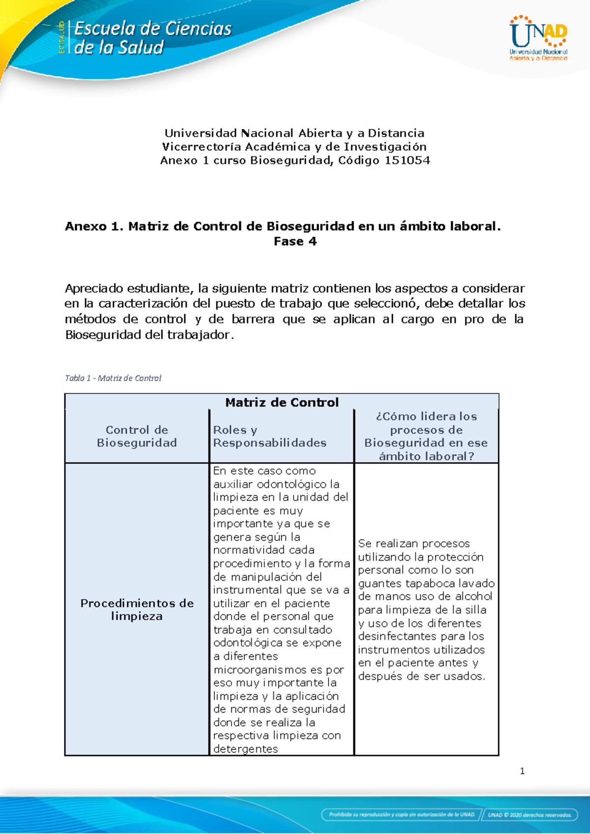 Anexo 1 - Matriz de Control de Bioseguridad en un ámbito laboral ...