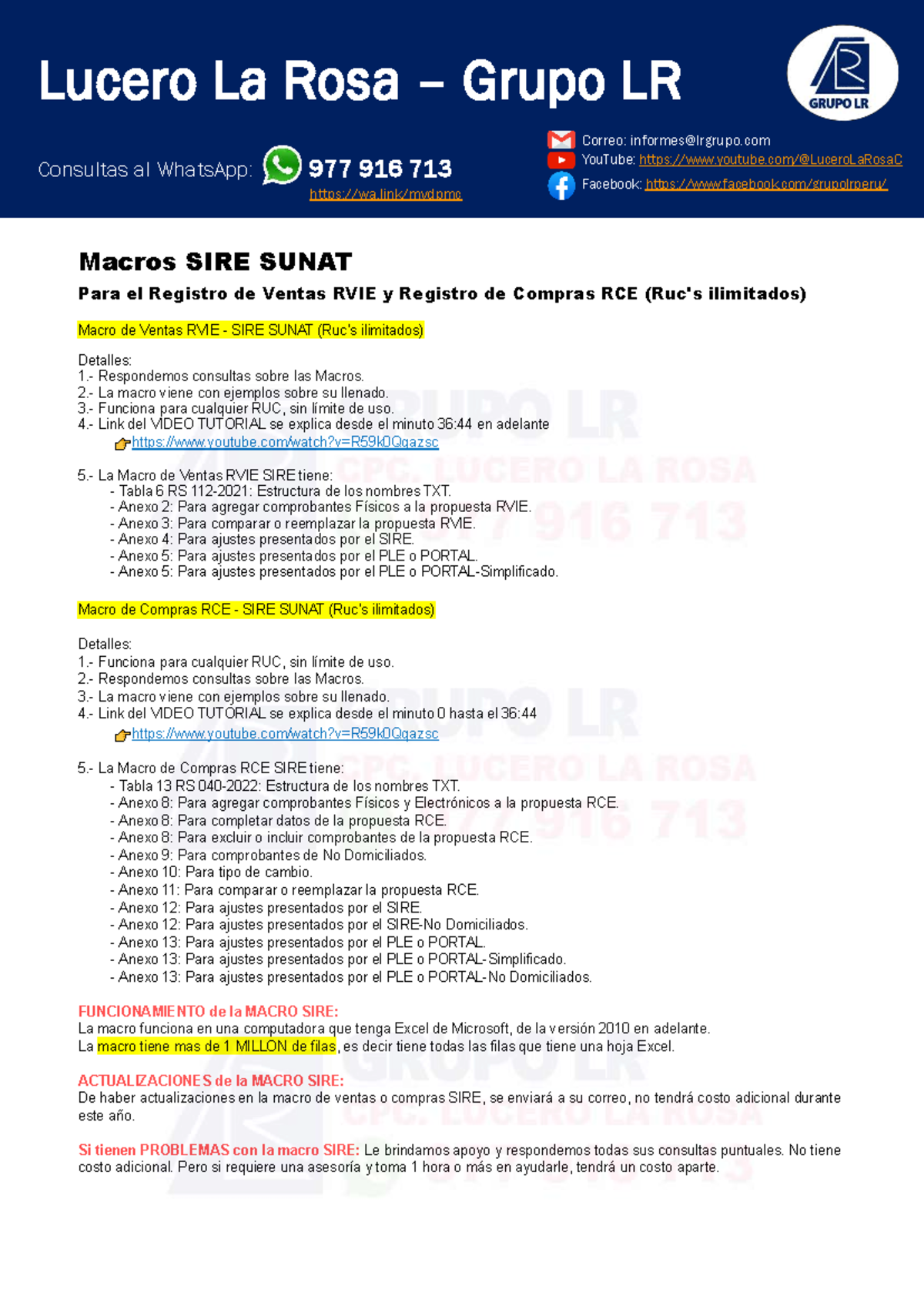 Informes- Macros SIRE V4m - Consultas al WhatsApp: 977 916 713 Correo ...