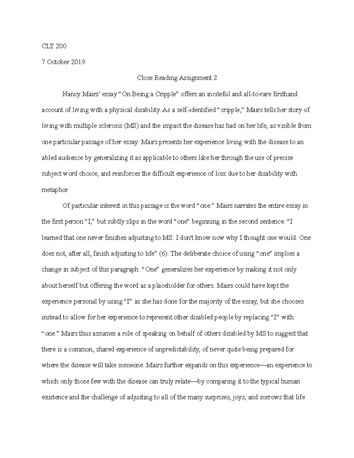 CLT 200 Close Reading 2 - Grade: B - CLT 200 7 October 2019 Close ...