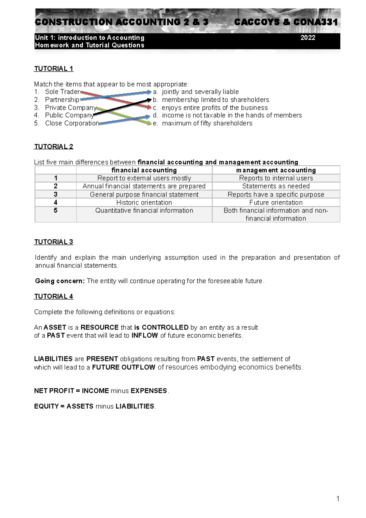 LU1 - tutorial questions 2022 - Chapters 1 and 2-1 - CONSTRUCTION ...
