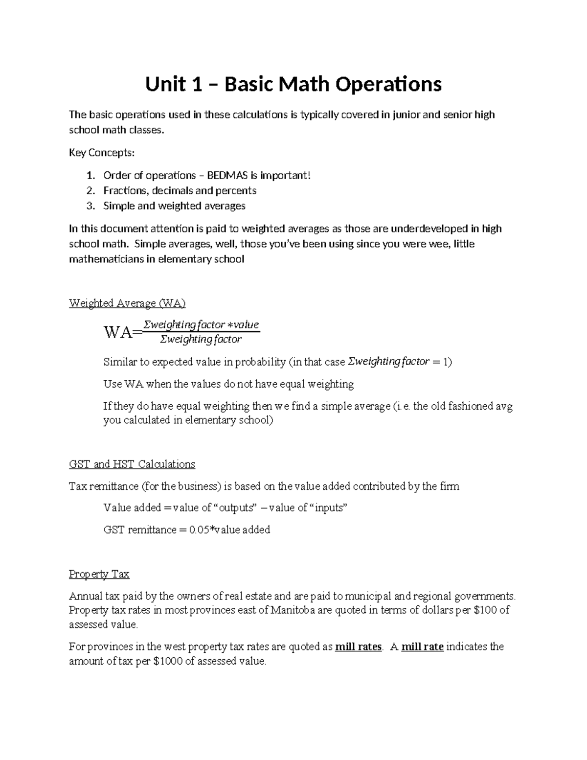 Unit-1-basic-math-operations - Unit 1 – Basic Math Operations The basic ...