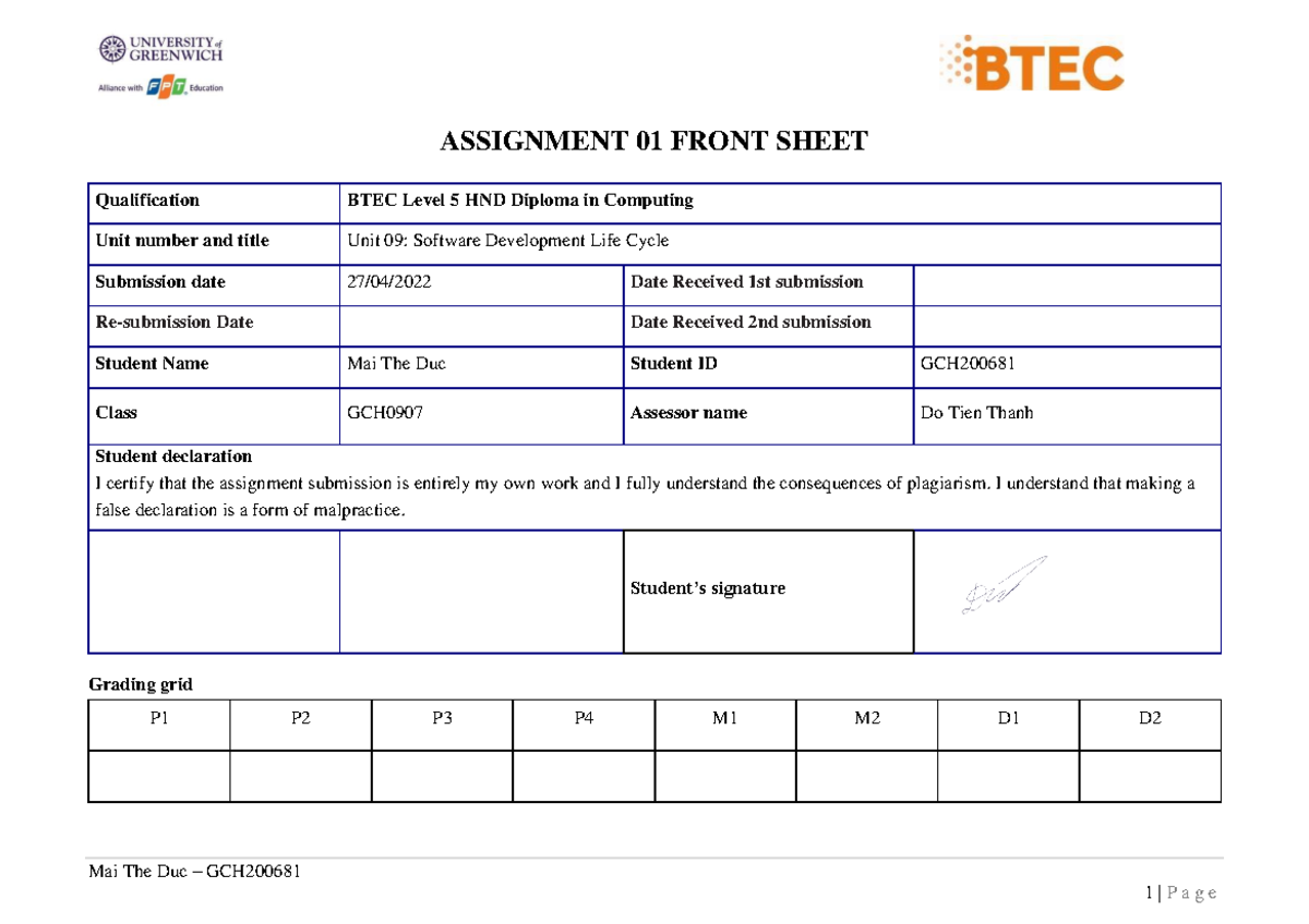 Assignment-01 - asm1 1631 - Mai The Duc – GCH ASSIGNMENT 01 FRONT SHEET ...