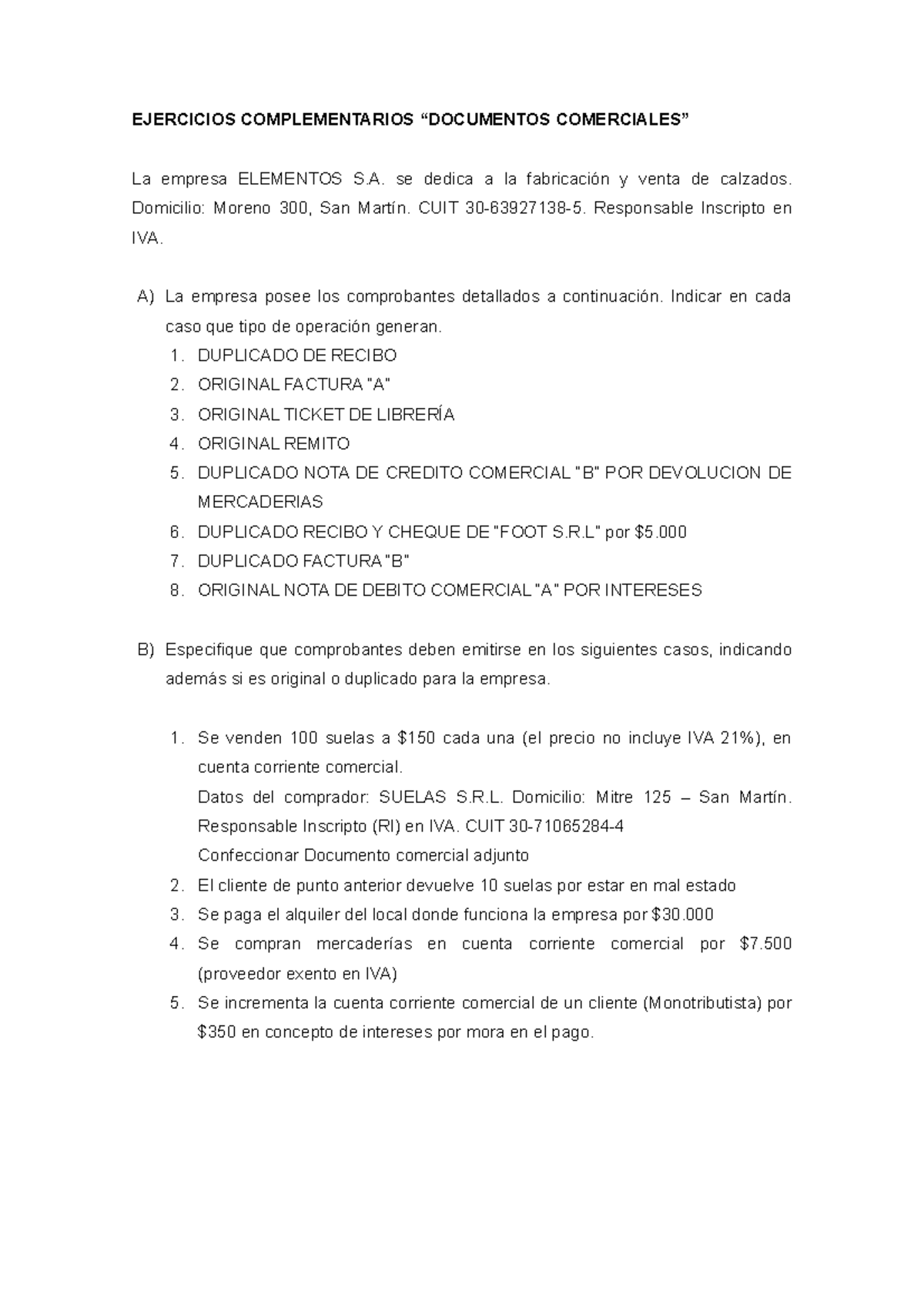 Ejercicios Complementarios Documentos Comerciales - EJERCICIOS COMPLEMENTARIOS “DOCUMENTOS - Studocu