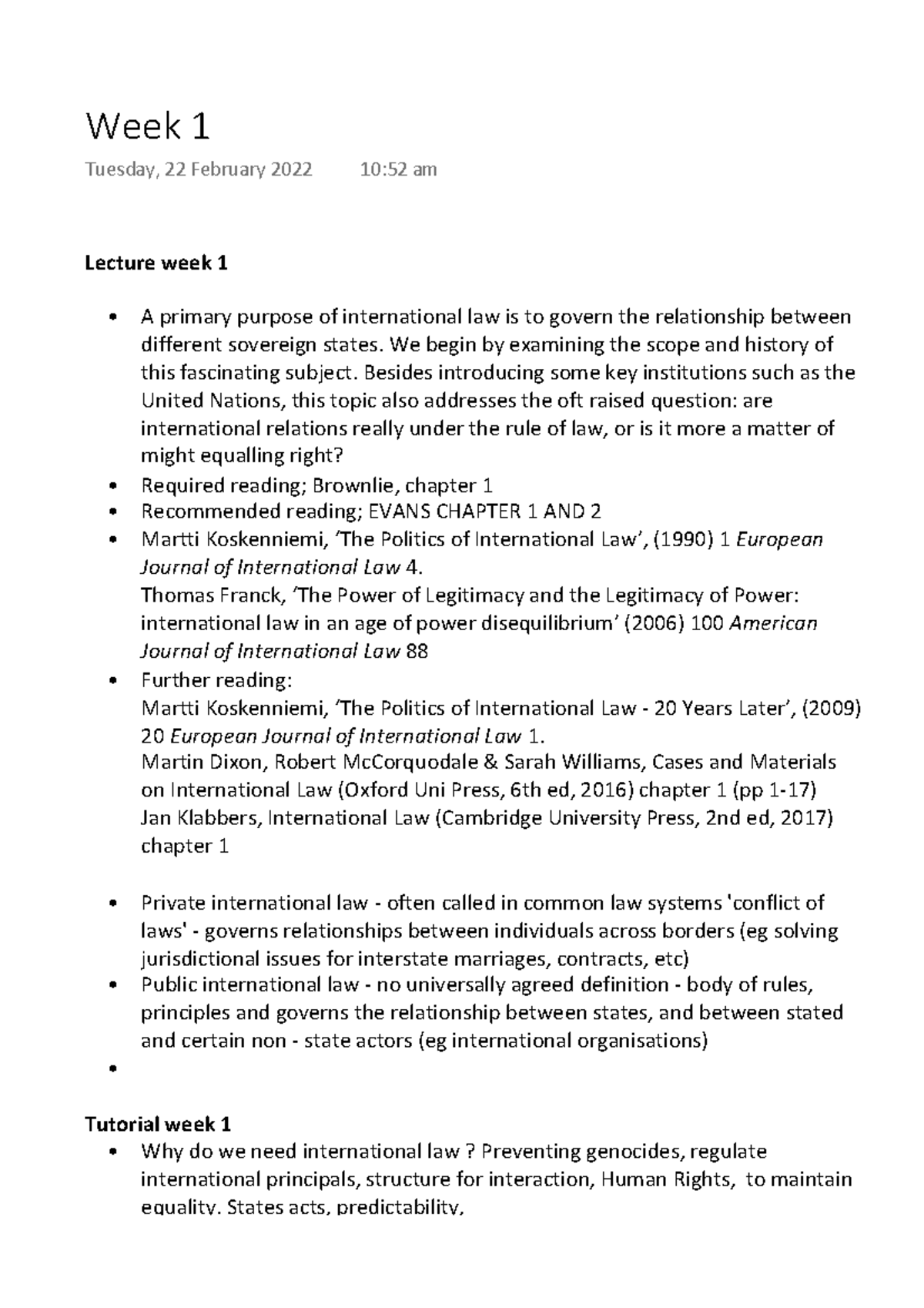 Week 1 - Laws2000 International Law Lecture 1 Notes Study Year 2022 ...
