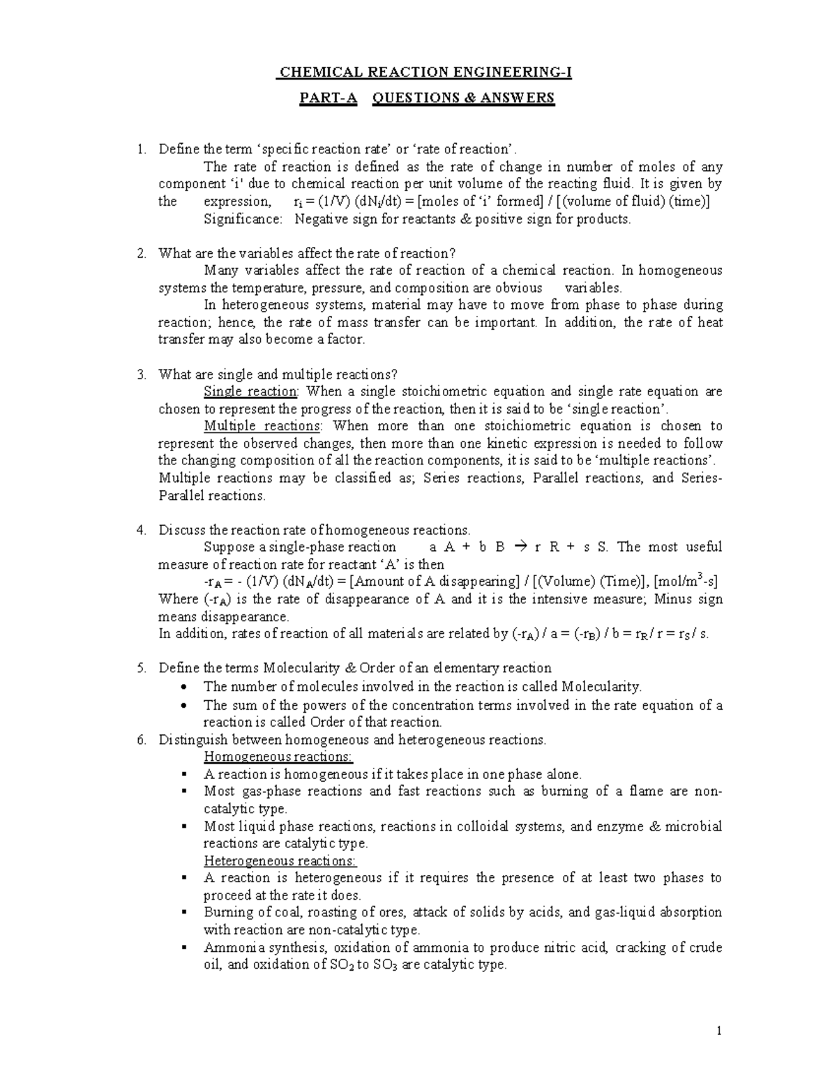 Cre qa - example questions - 1 CHEMICAL REACTION ENGINEERING-I PART-A ...