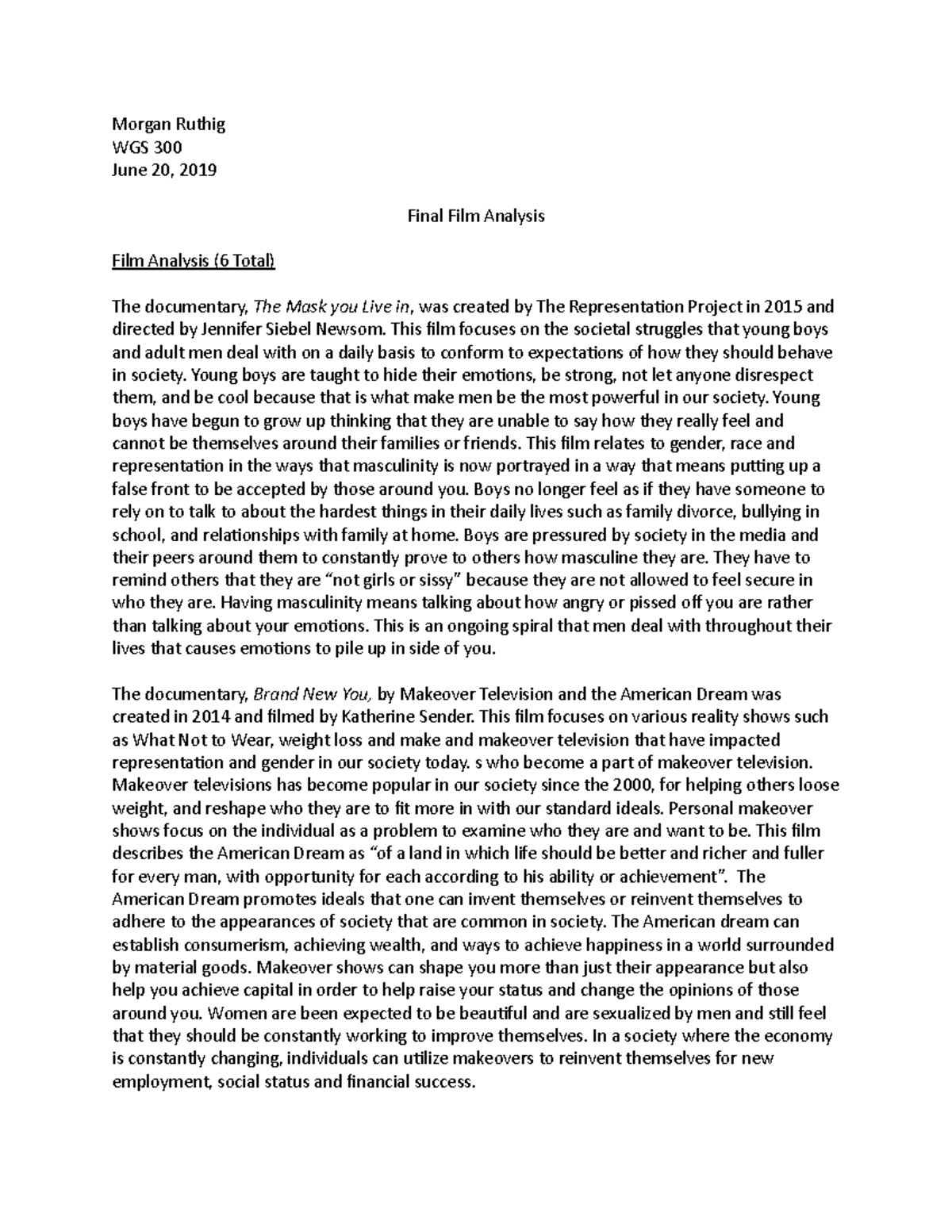 Final film analysis - Morgan Ruthig WGS 300 June 20, 2019 Final Film ...