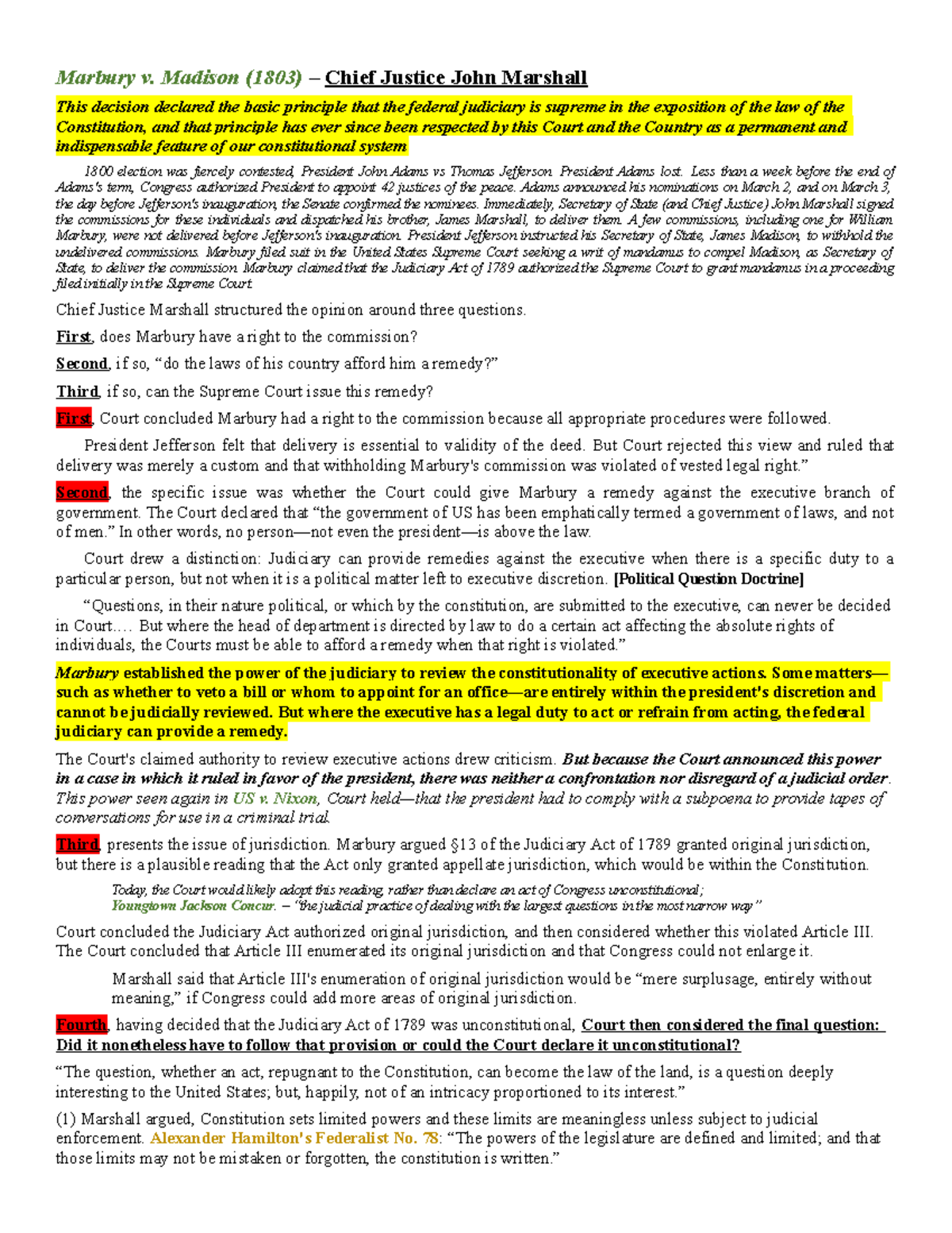Marbury v Madison Exam Sheet - Marbury v. Madison (1803) – Chief ...