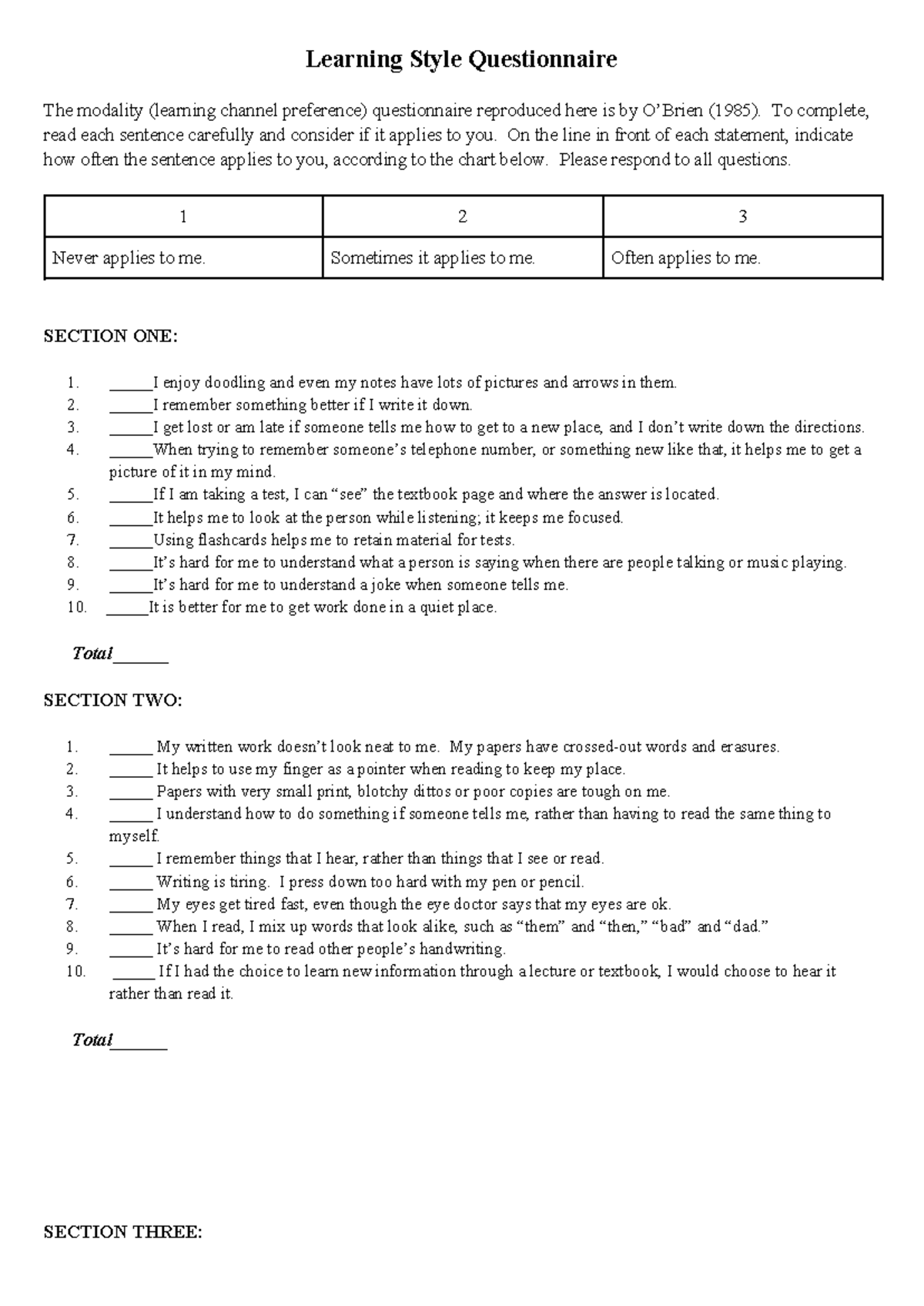 Learning Style Questionnaire - To complete, read each sentence ...