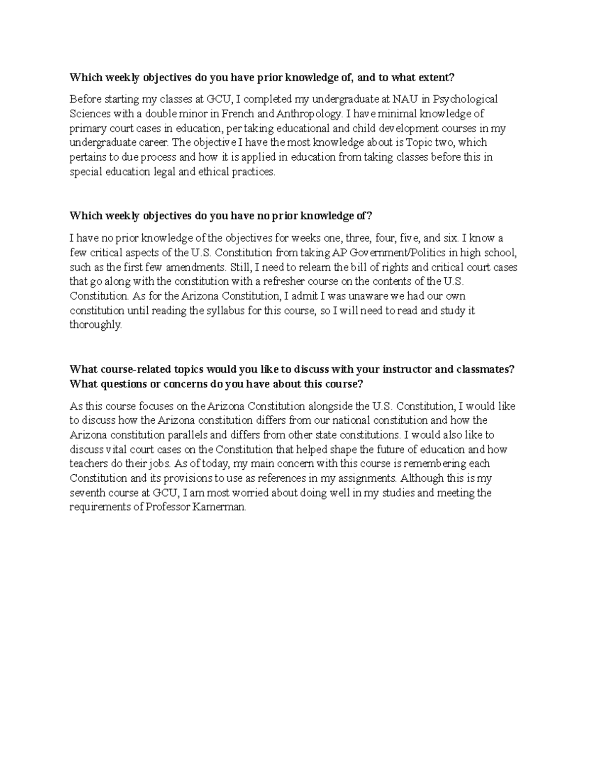 Summary of Current Course Content Knowledge - Which weekly objectives ...