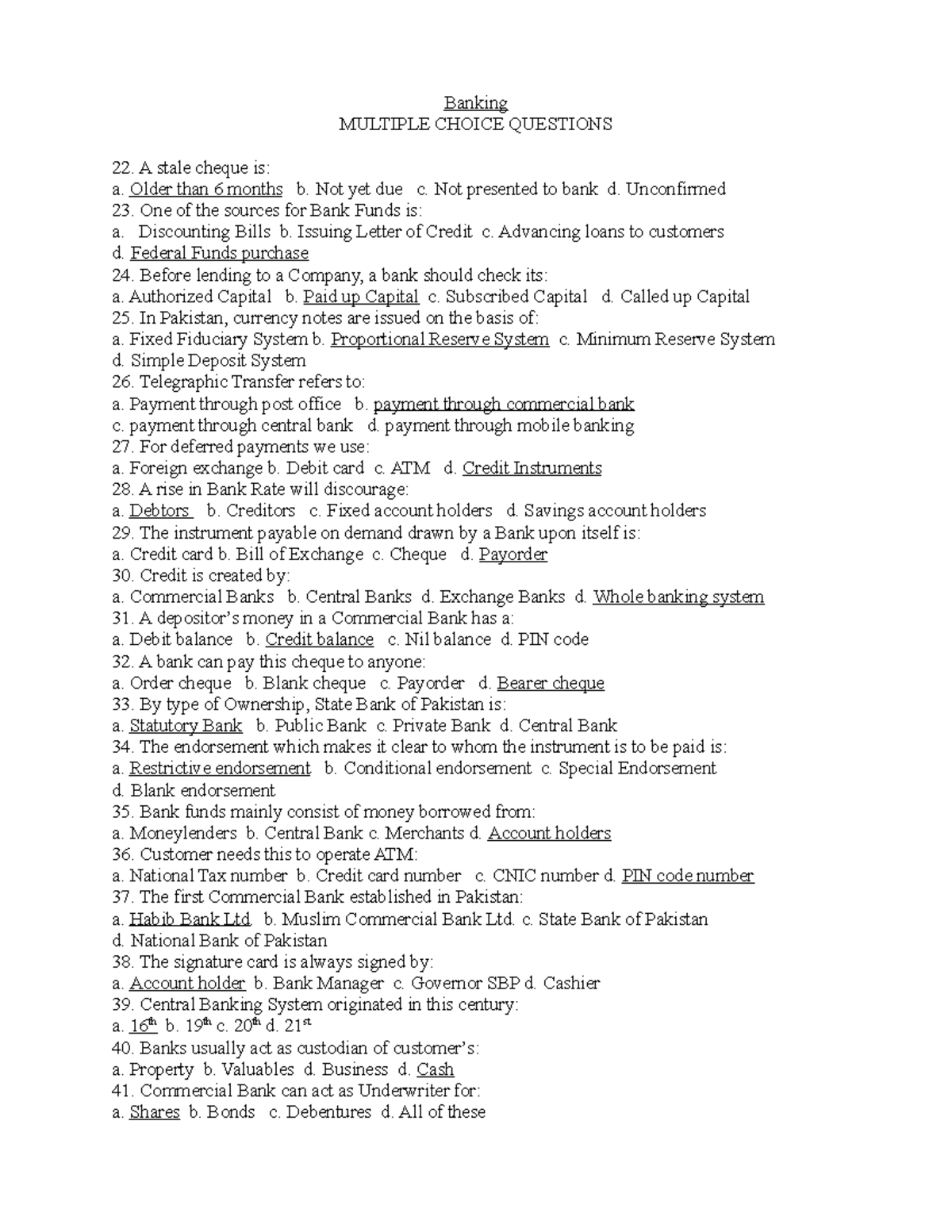 Banking 22-44 - mcqs - Banking MULTIPLE CHOICE QUESTIONS A stale cheque ...