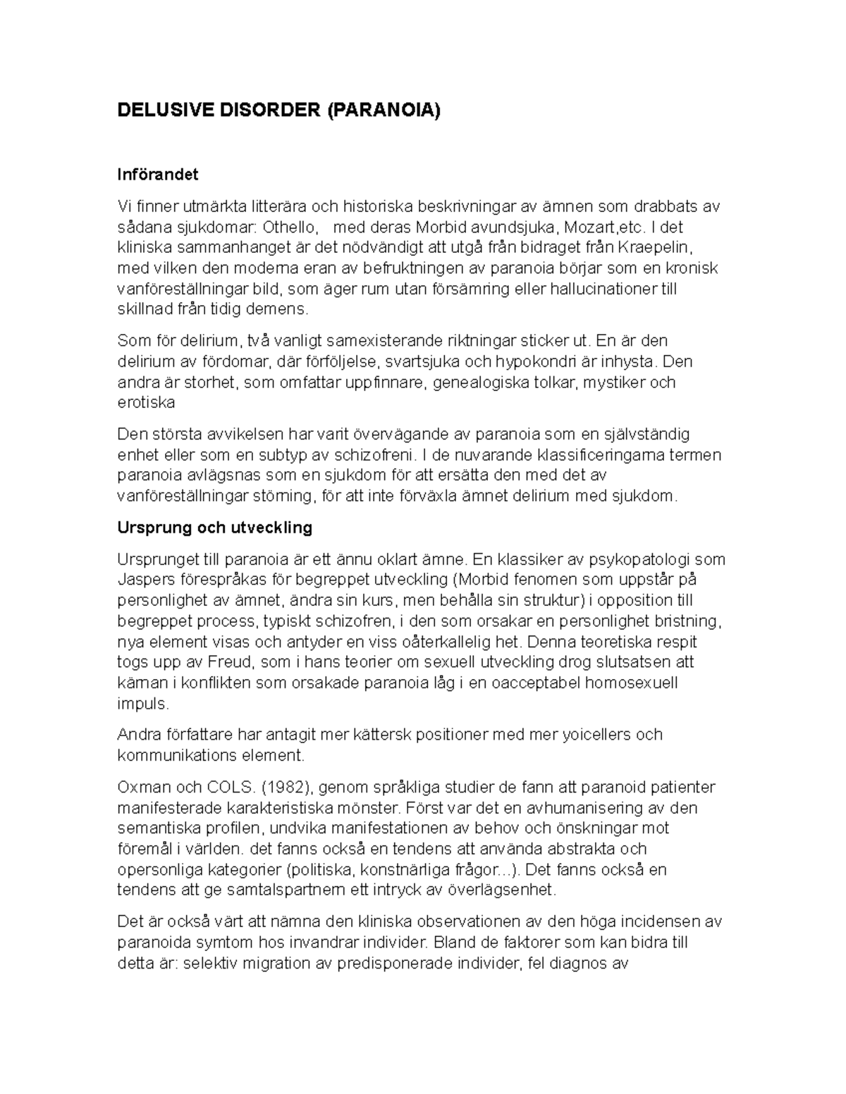 Delusive Disorder ( Paranoia) - DELUSIVE DISORDER (PARANOIA) Införandet ...