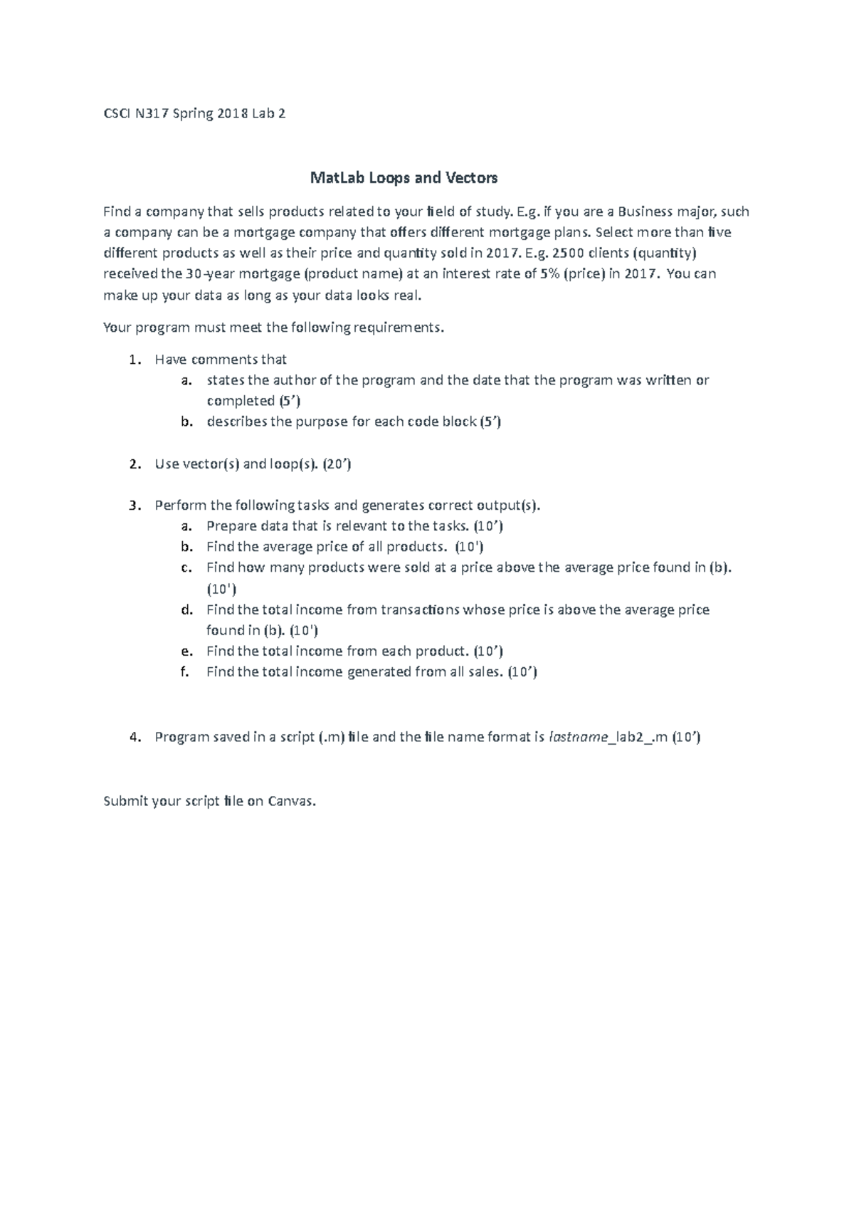 Lab2 Mat Lab Loops And Vectors Csci N317 Spring 2018 Lab 2 Matlab