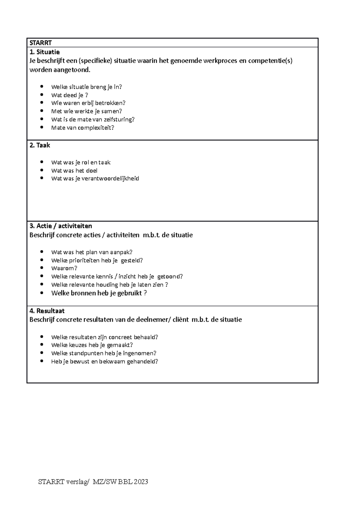 Starrt verslag BBL - STARRT 1. Situatie Je beschrijft een (specifieke) situatie waarin het ...