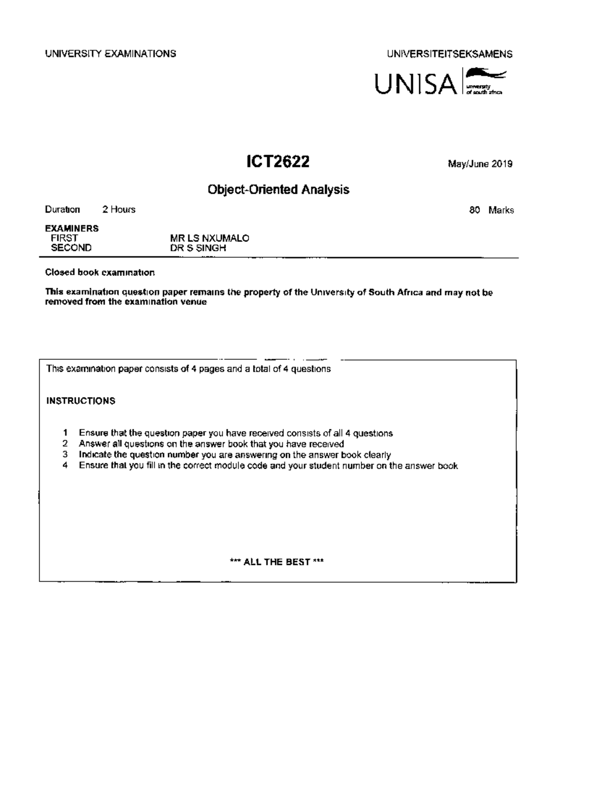 Sample/practice exam 19 June 2019, questions - ICT2622 - Studocu