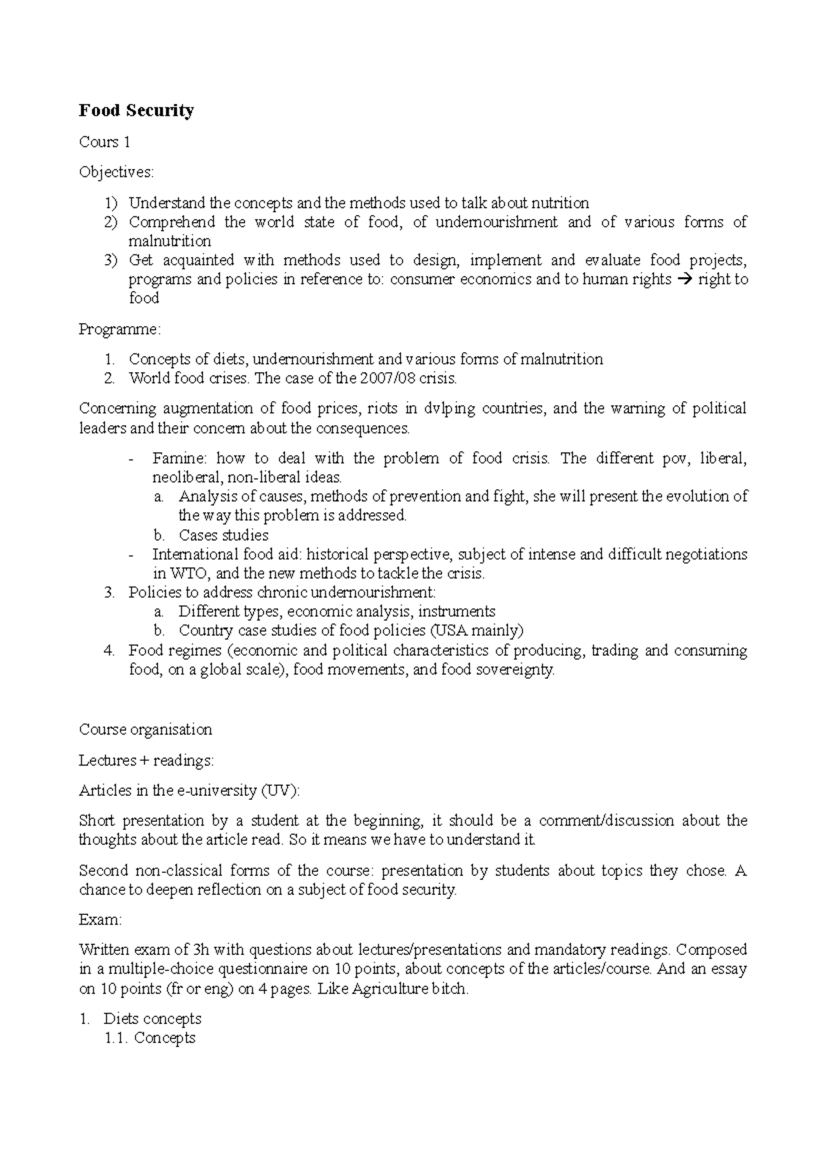Food Security - notes prépa - Food Security Cours 1 Objectives ...