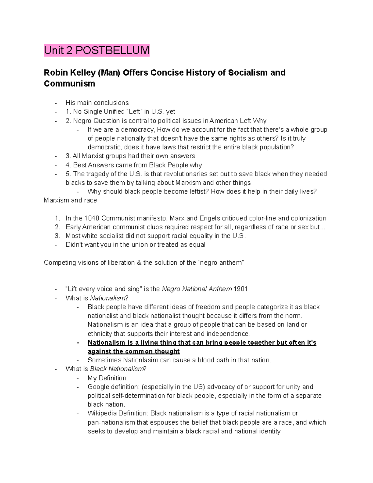 AMST 252 9 21 - Lecture notes, Professor Wilson - Unit 2 POSTBELLUM ...