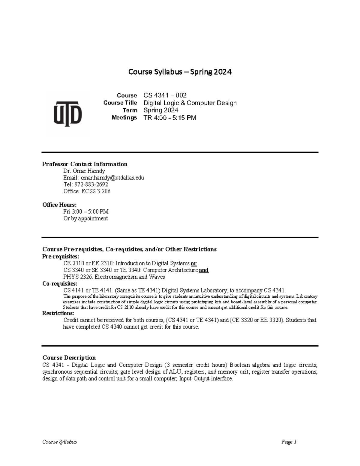 OHamdy-Syllabus-CS4341 002-Spring 24 - Course Syllabus – Spring 2024 ...