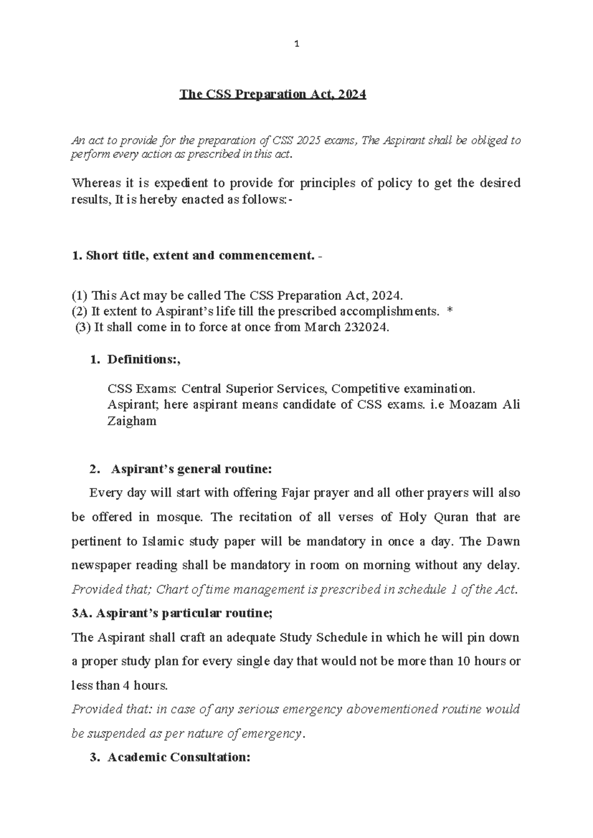 CSS Preparation Act - Whereas it is expedient to provide for principles of policy to get the ...