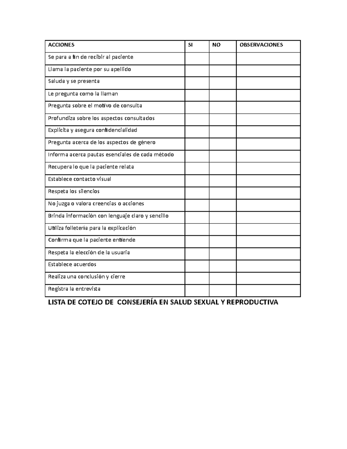 Lista de cotejo consejeria - ACCIONES SI NO OBSERVACIONES Se para a fin ...