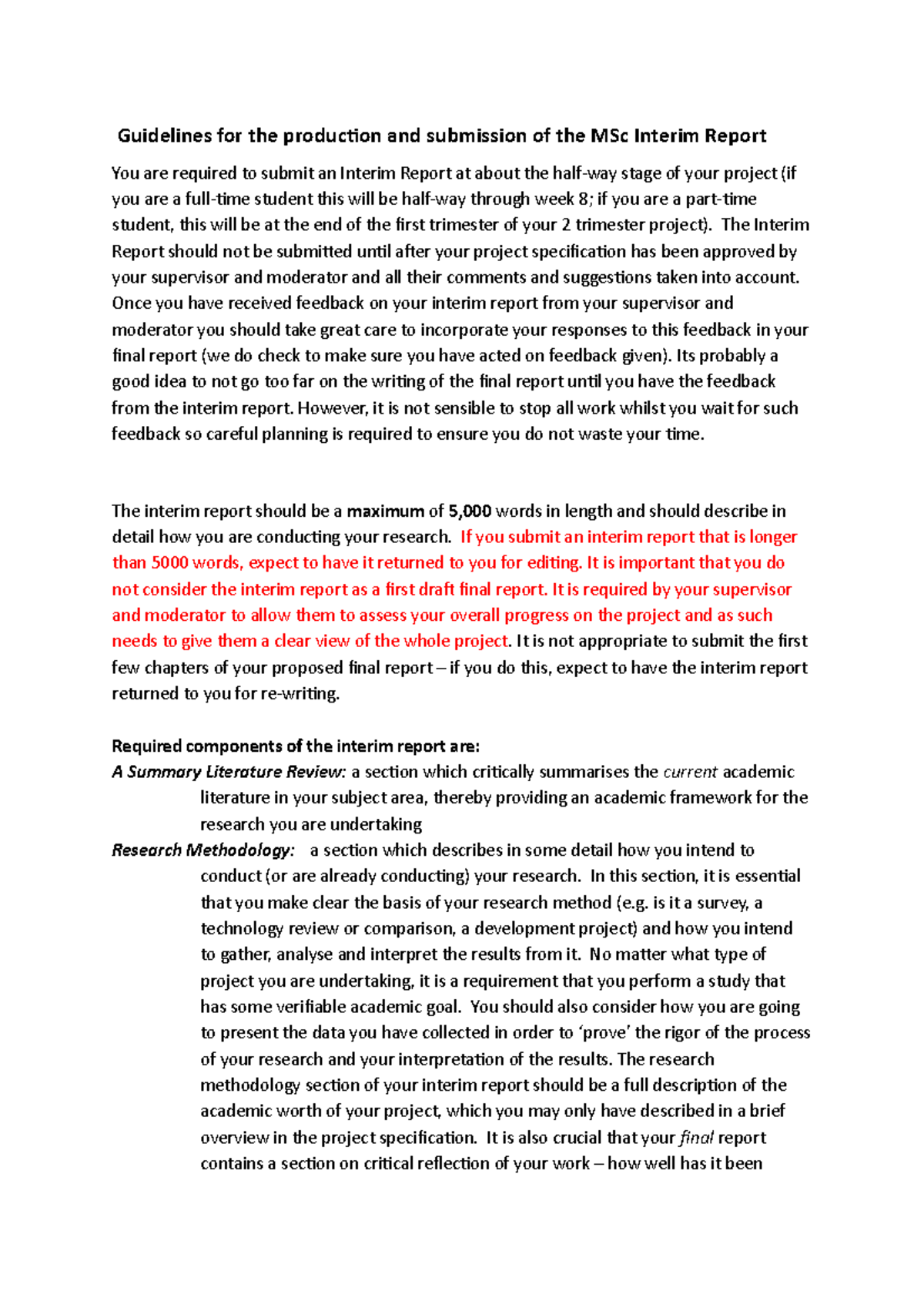 Guidelines for the production and submission of the MSc Interim Report ...