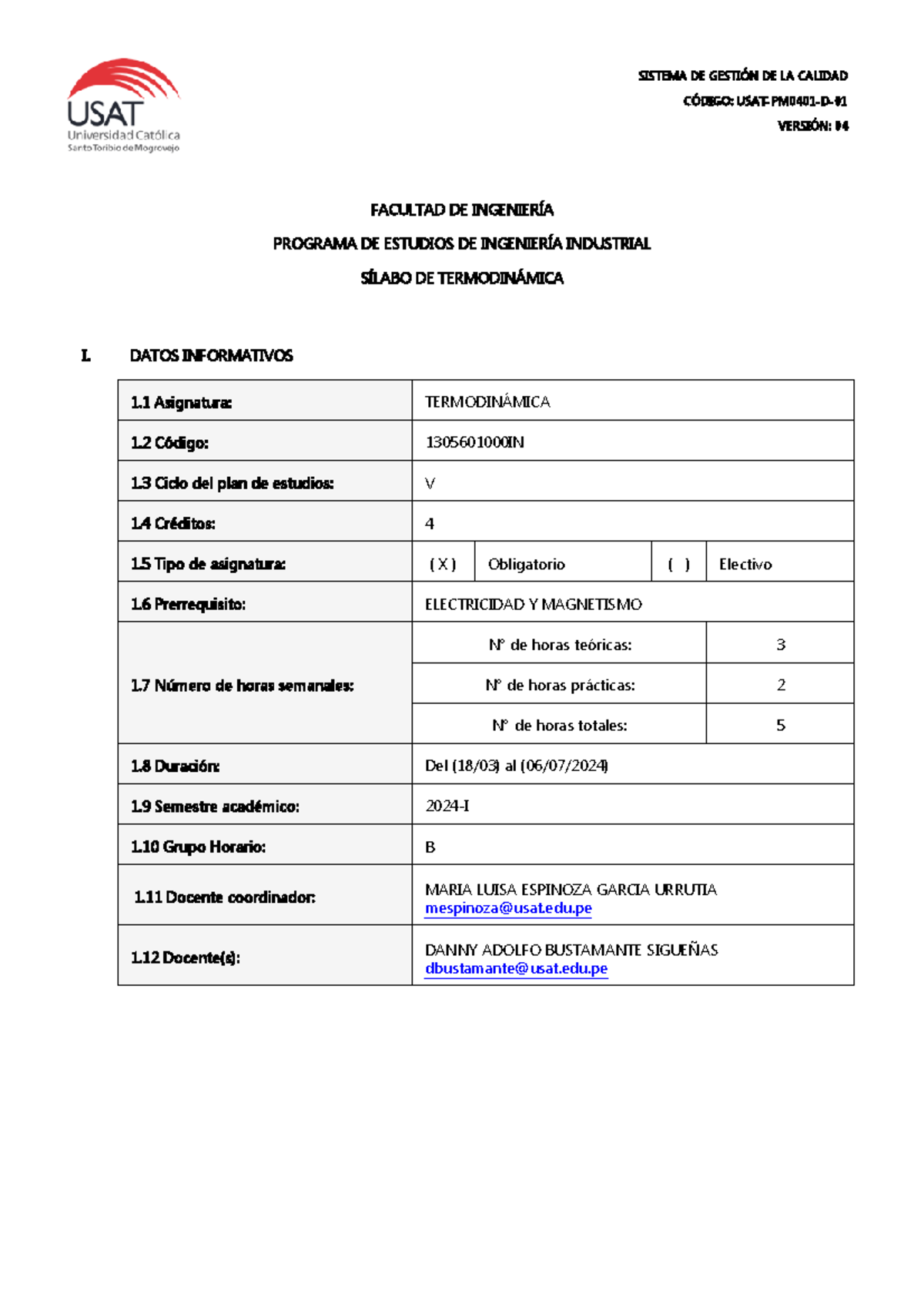 Silabo 2024-I Termodinámica B - SISTEMA DE GESTIÓN DE LA CALIDAD CÓDIGO ...