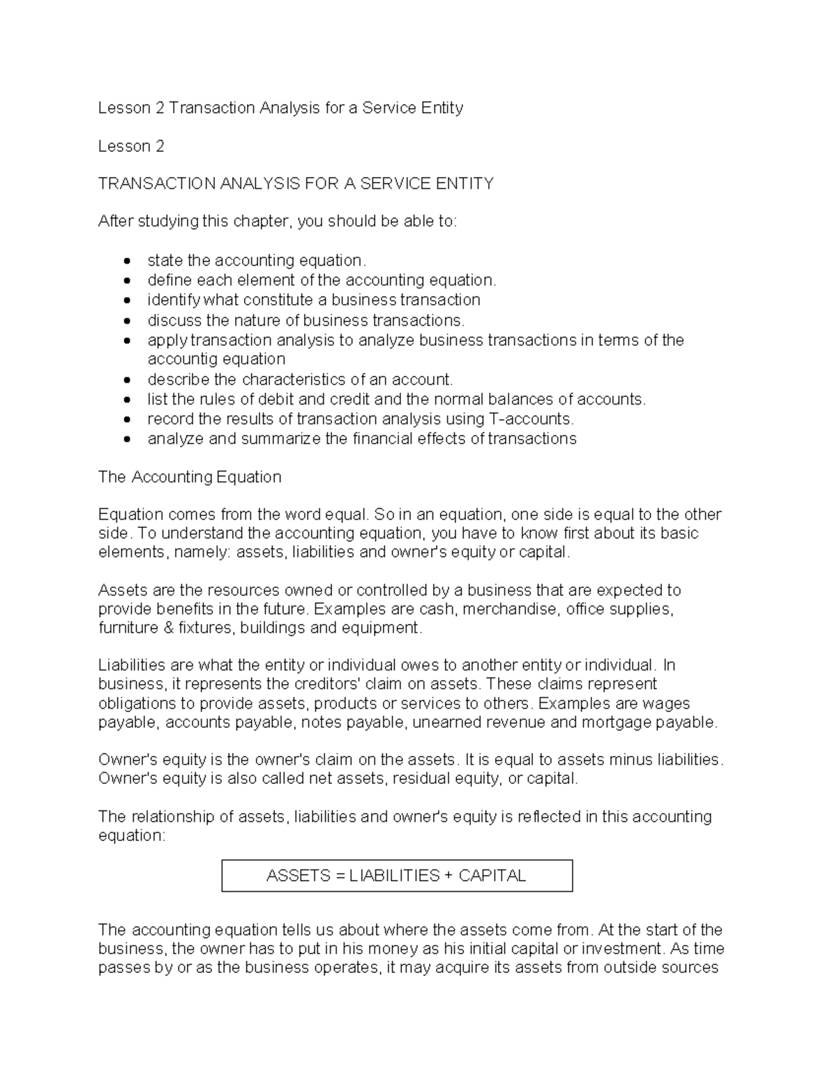 Transaction Analysis - define each element of the accounting equation ...