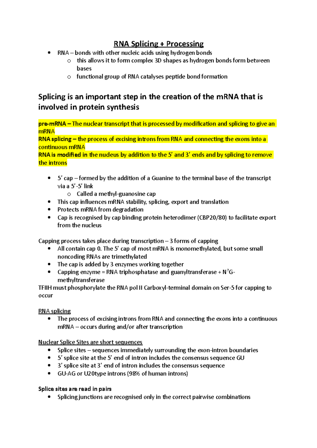 RNA Splicing - Lt 12 - Lecture notes 12 - RNA Splicing Processing RNA ...