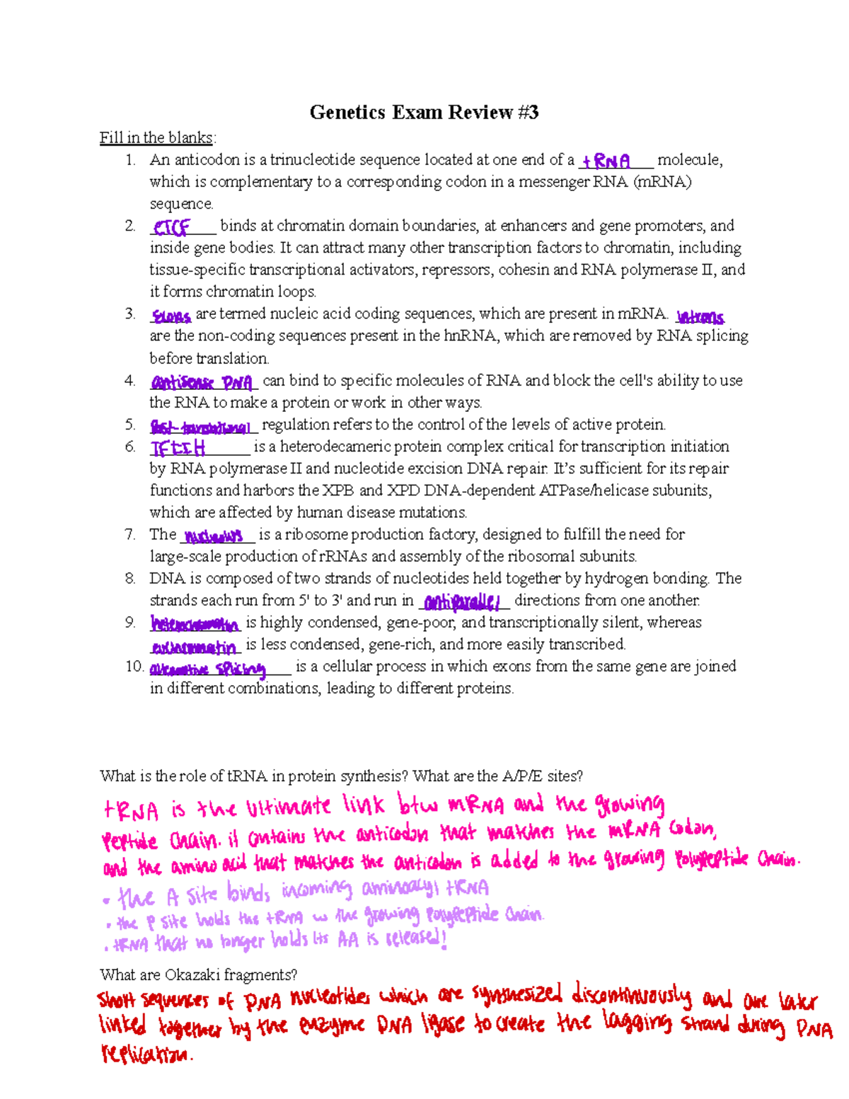Genetics Exam Review #3 Answer Key - Genetics Exam Review # Fill in the ...