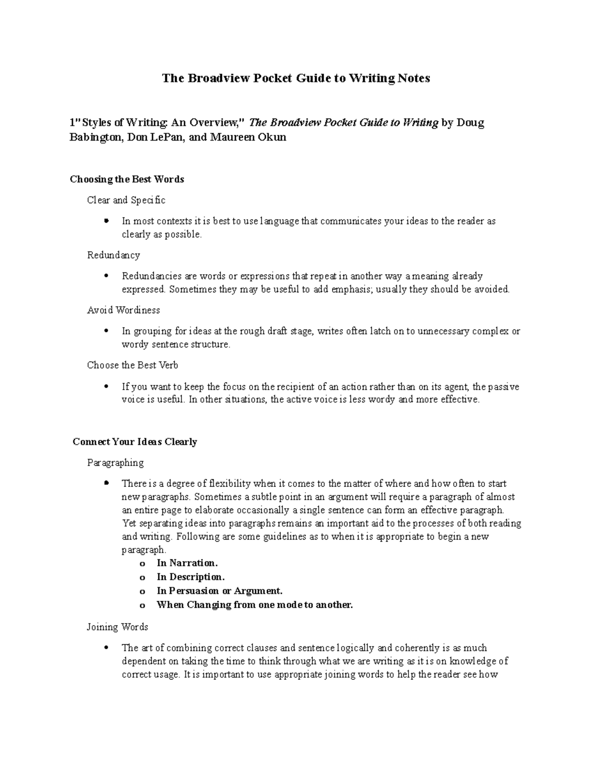 The Broadview Pocket Guide to Writing Notes - Final Review - The ...