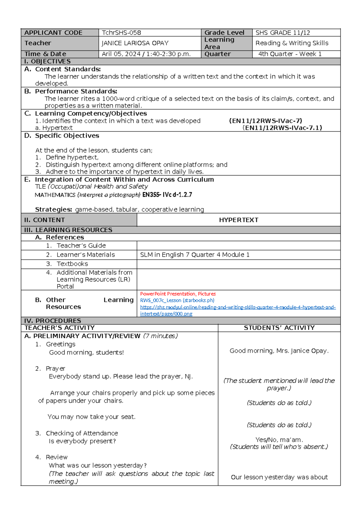 DLP SHS - Hope it helps. - APPLICANT CODE TchrSHS-058 Grade Level SHS ...
