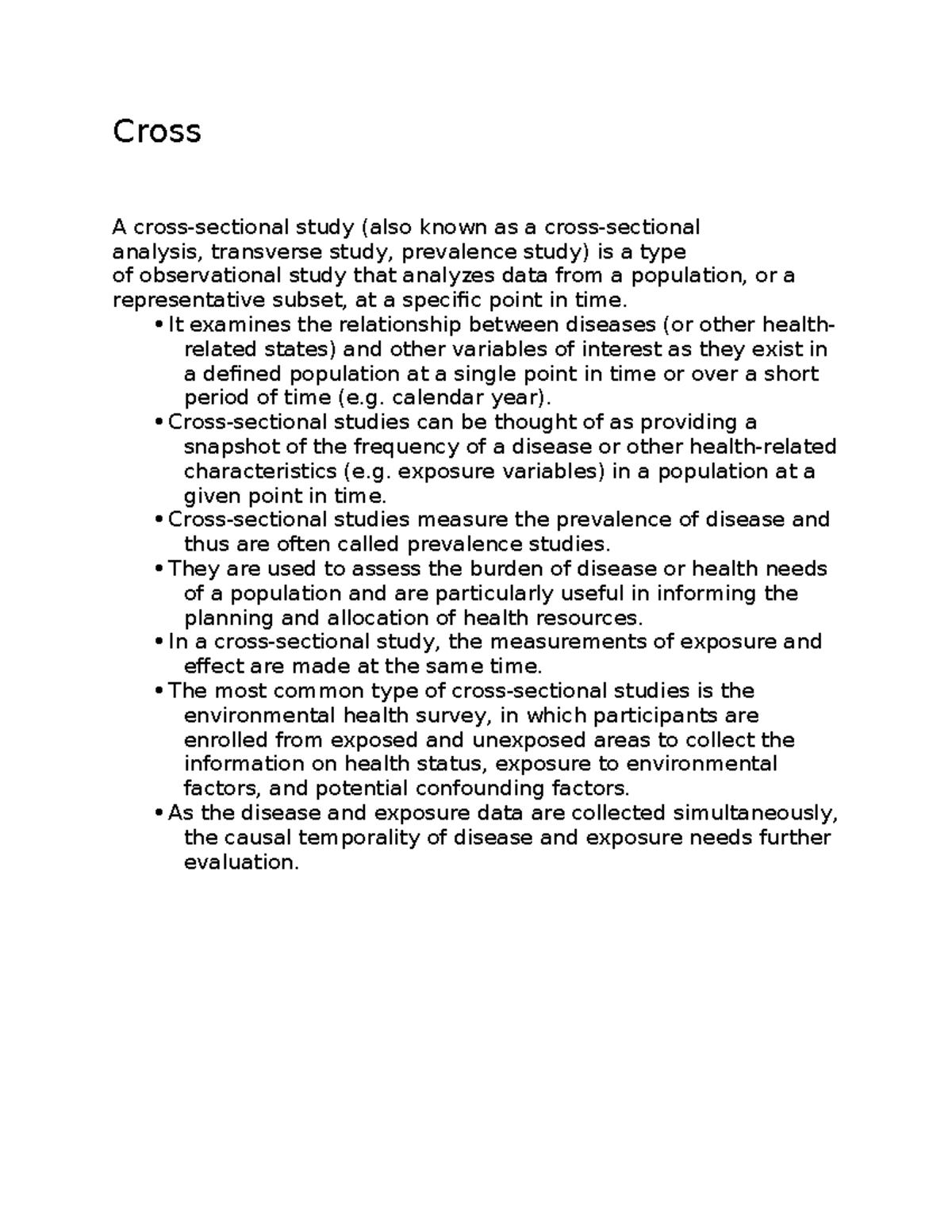 Cross - notes - Cross A cross-sectional study (also known as a cross ...