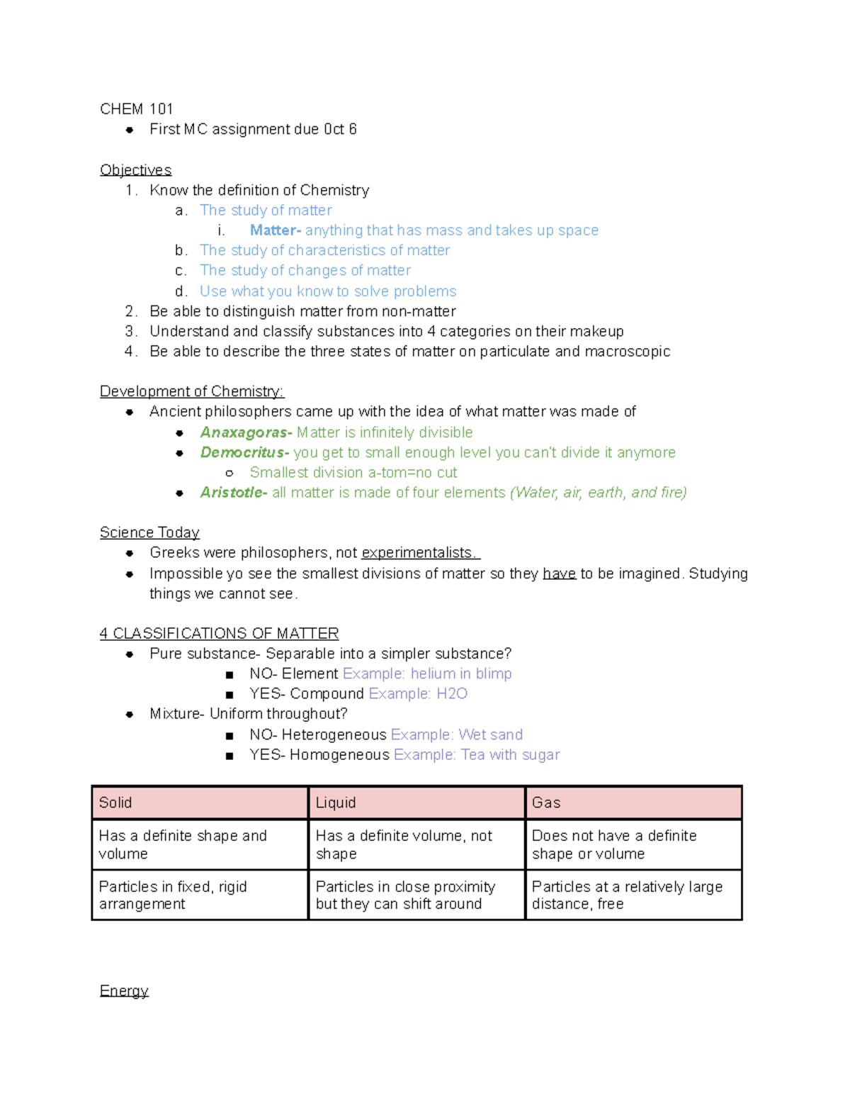 Chem 101 Lecture Notes Week 1 - CHEM 101 First MC assignment due 0ct 6 ...