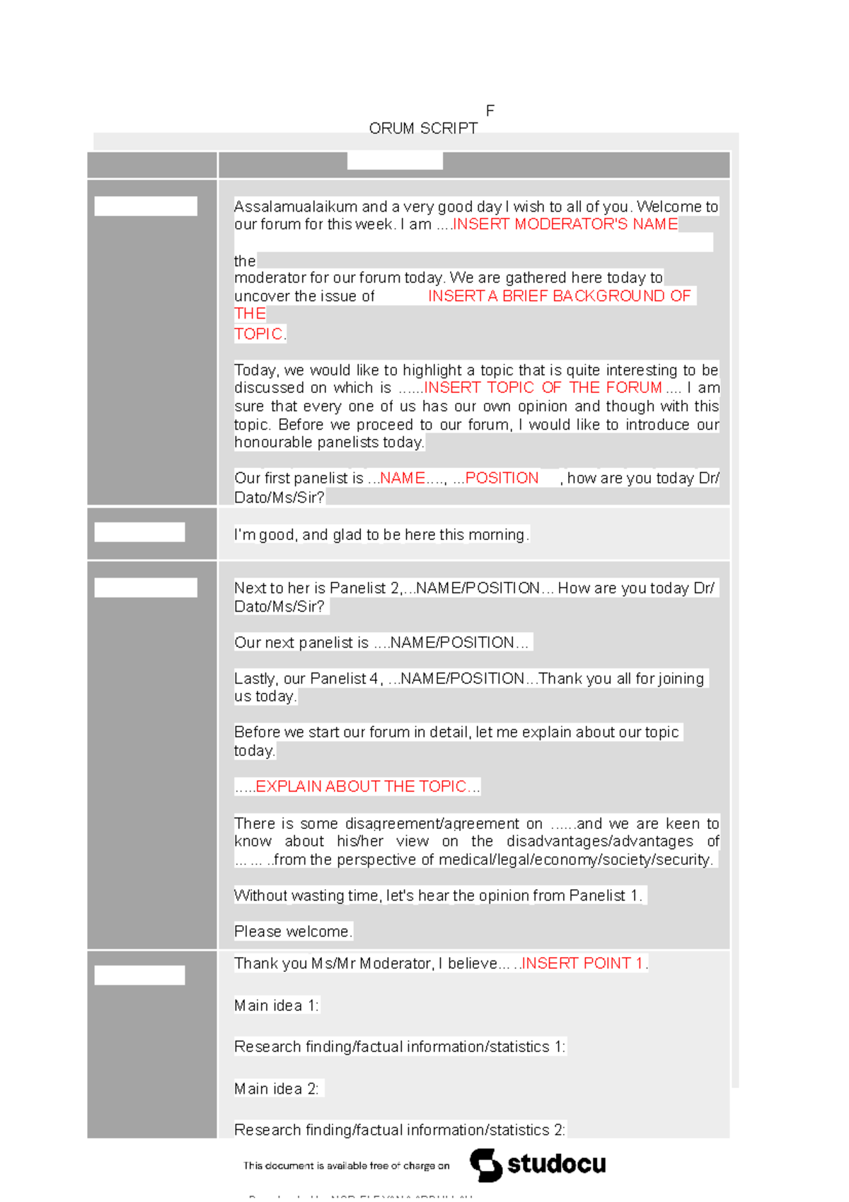 English Forum Script Sample - F ORUM SCRIPT DIAGLOGUE MODERATOR ...