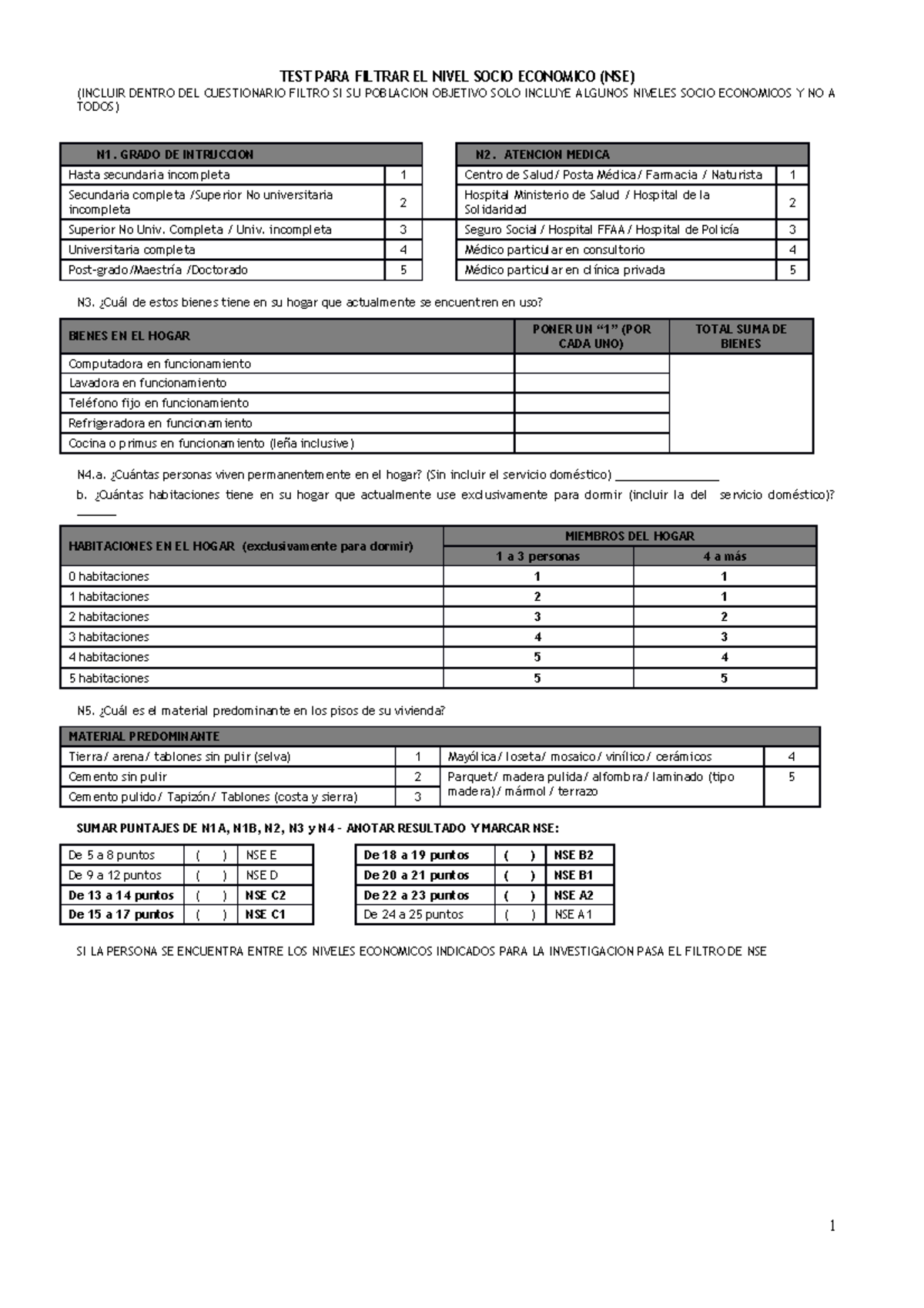 TEST PARA Medir EL Nivel Socio Economico (NSE) - TEST PARA FILTRAR EL ...