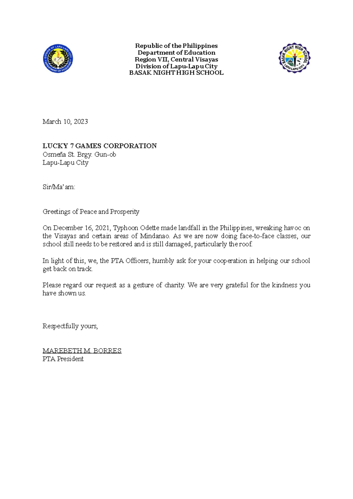 Request letter - Department of Education Region VII, Central Visayas ...
