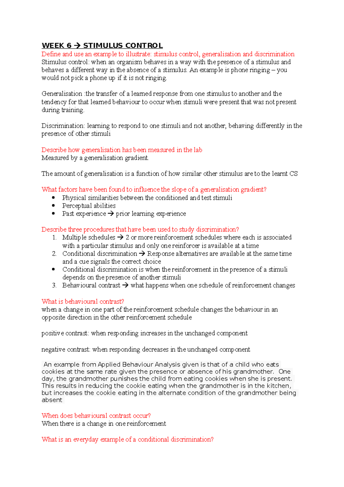 Test 2 review questions - WEEK 6 STIMULUS CONTROL Define and use an ...