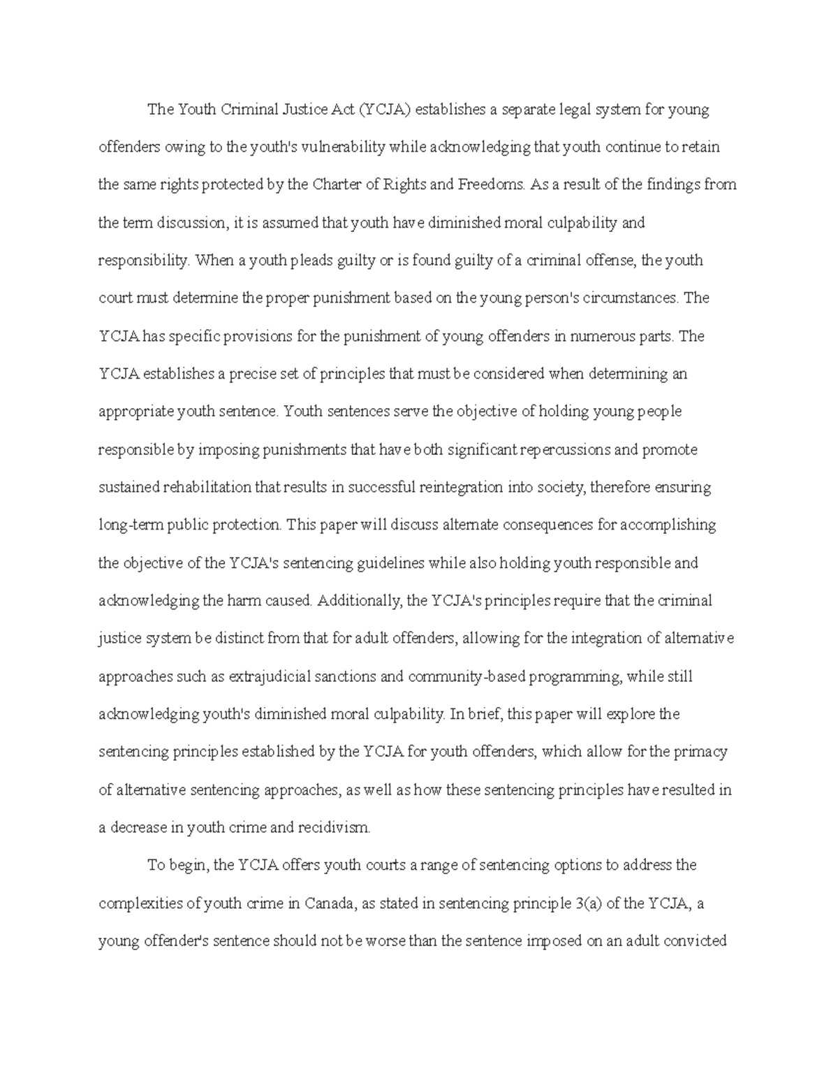 Youth in Conflict Final Exam - The Youth Criminal Justice Act (YCJA ...